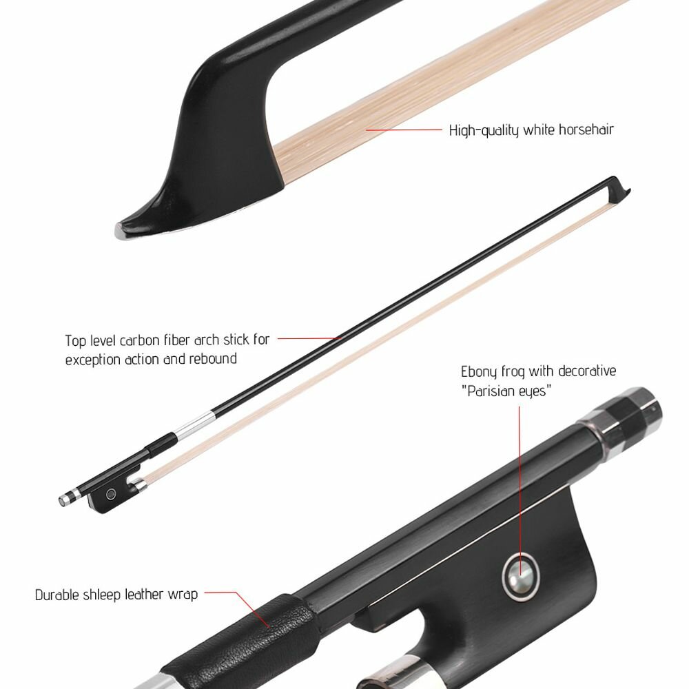 Смычок для виолончели 4/4 из углеродного волокна, хорошо сбалансированная круглая палочка с черным конским волосом и белым конским волосом для деталей виолончели, аксессуары