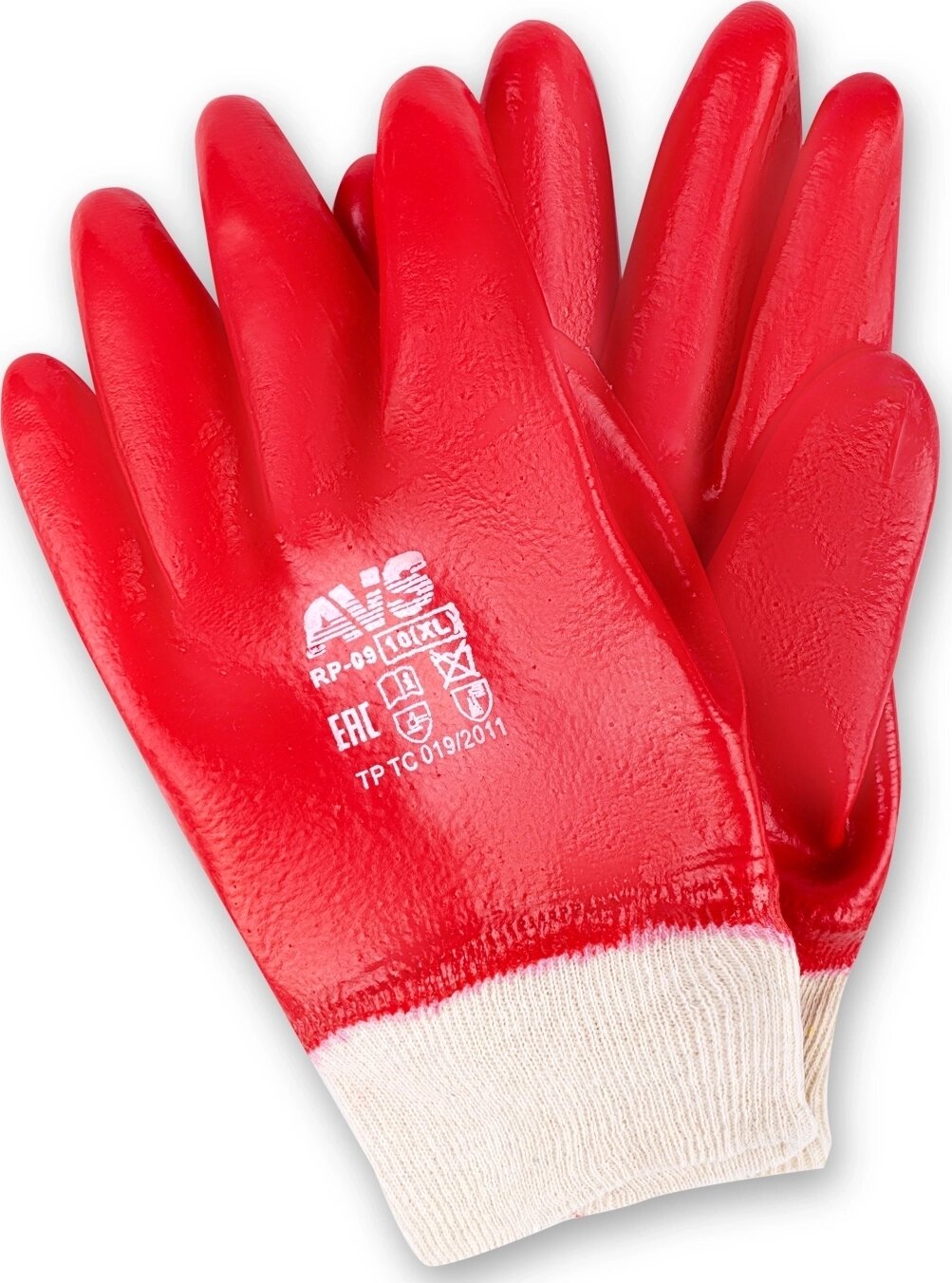 Перчатки ПВХ полный облив МБС (красные, резиновая манжета) 1 пара AVS RP-09