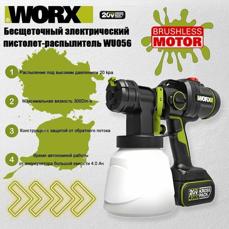 Краскопульт аккумуляторный Бесщеточный, worx wu056 20V,1000мл, c аккумулятором 4.0 и зарядным устройством