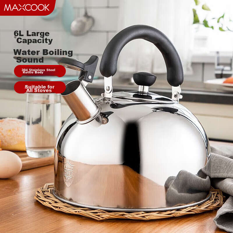 Maxcook Kettle, 304 Stainless Steel, 6L Thick Whistling Kettle, Compatible with Gas And Induction Stoves, Lechushiji MCH418