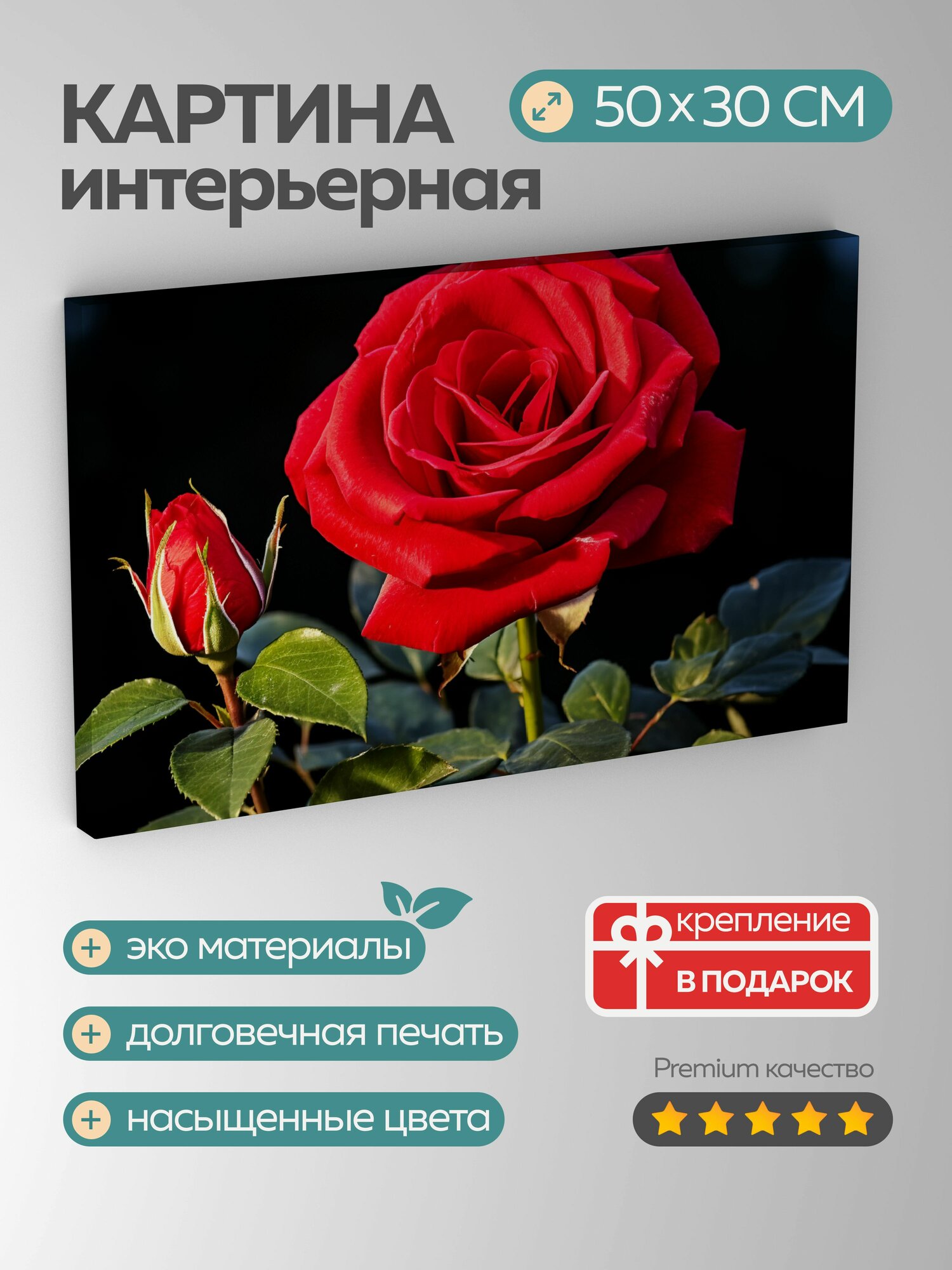 Картина на холсте интерьерная 50х30 см, фотография, картина, роза, красная, луна, свет, лепестки, сияние, фон, контраст