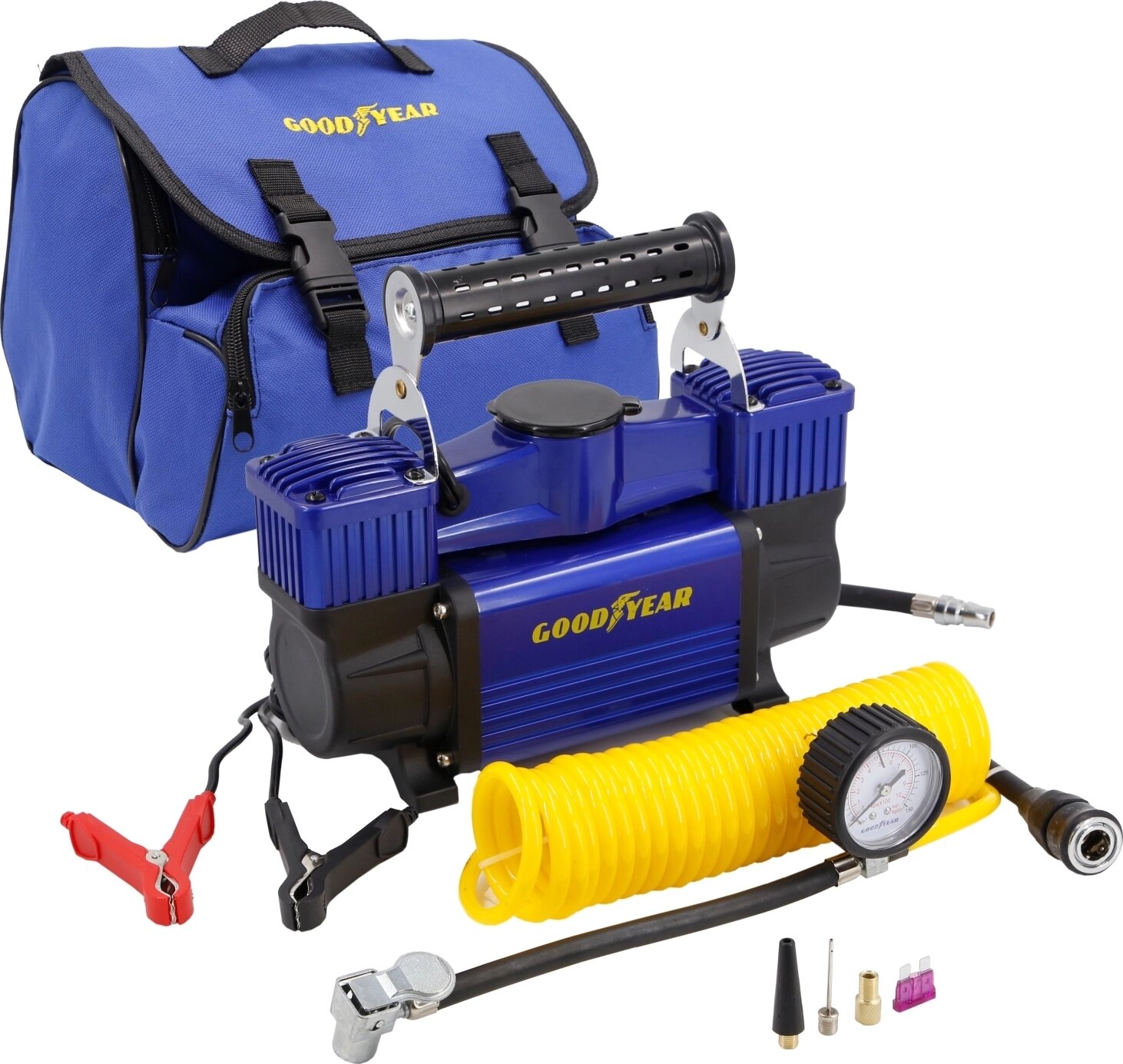 Воздушный компрессор GOODYEAR 80l 80 л/мин, двухпоршневой, питание от акб, съемный витой шланг, с