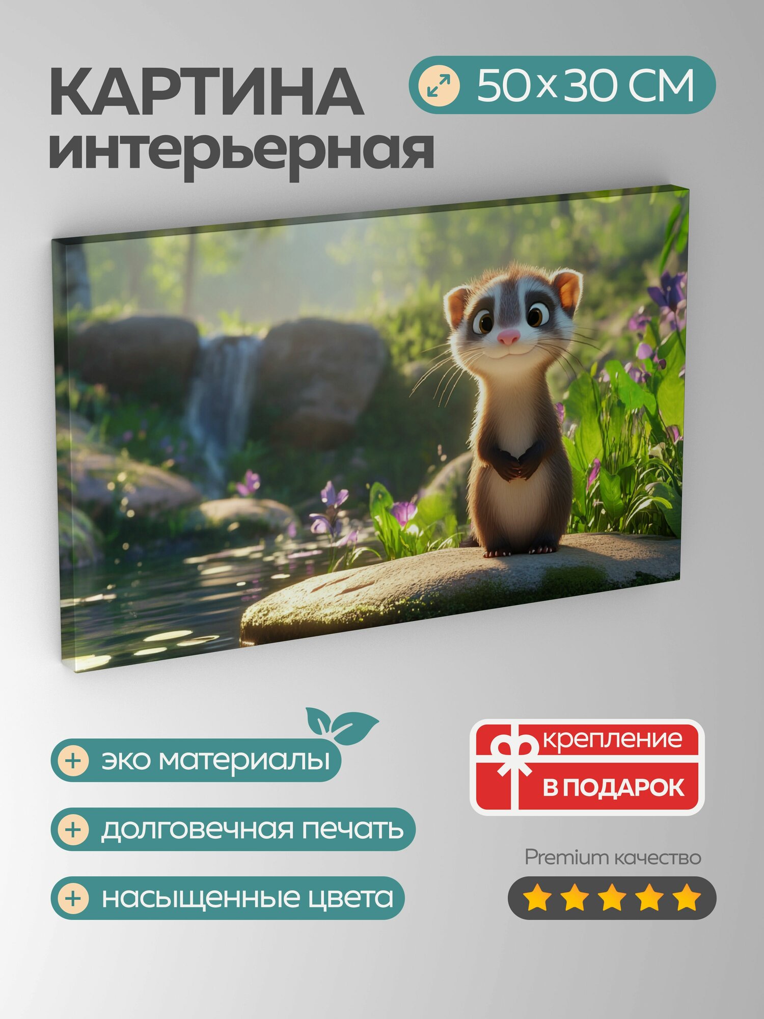 Картина на холсте интерьерная 50х30 см, Хорёк, анимация, Disney-Pixar, лес, жизнь, цвета, детали, озорной, манера