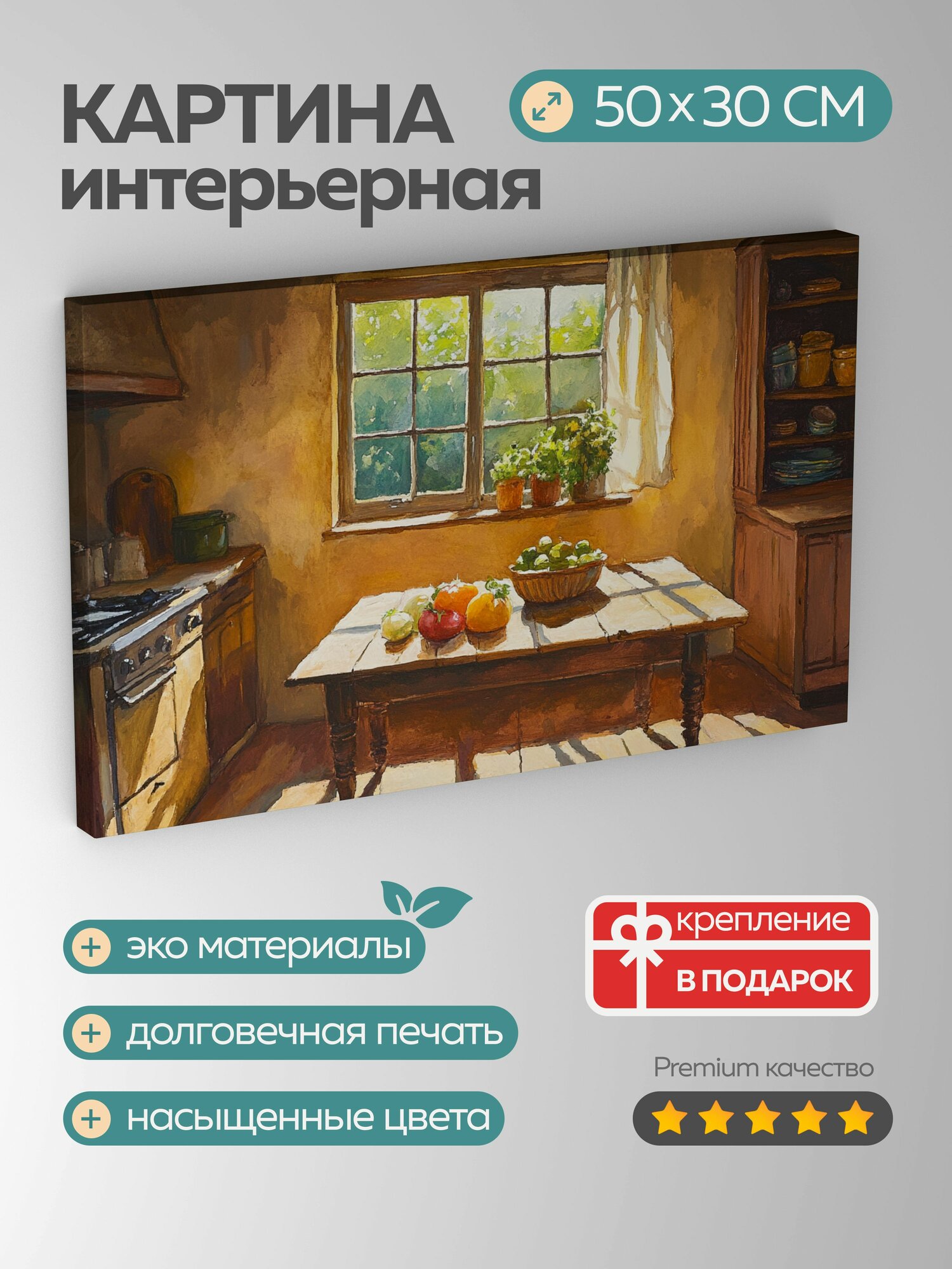 Картина на холсте интерьерная 50х30 см, гуашь, деревенская кухня, стол, свежие продукты, солнечный свет, уют, тепло