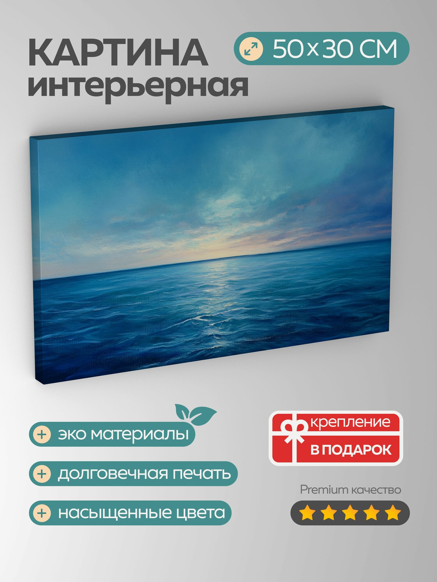 Картина на холсте интерьерная 50х30 см, масляная картина, морской пейзаж, сумерки, темно-синий, бирюзовый, океан, небо