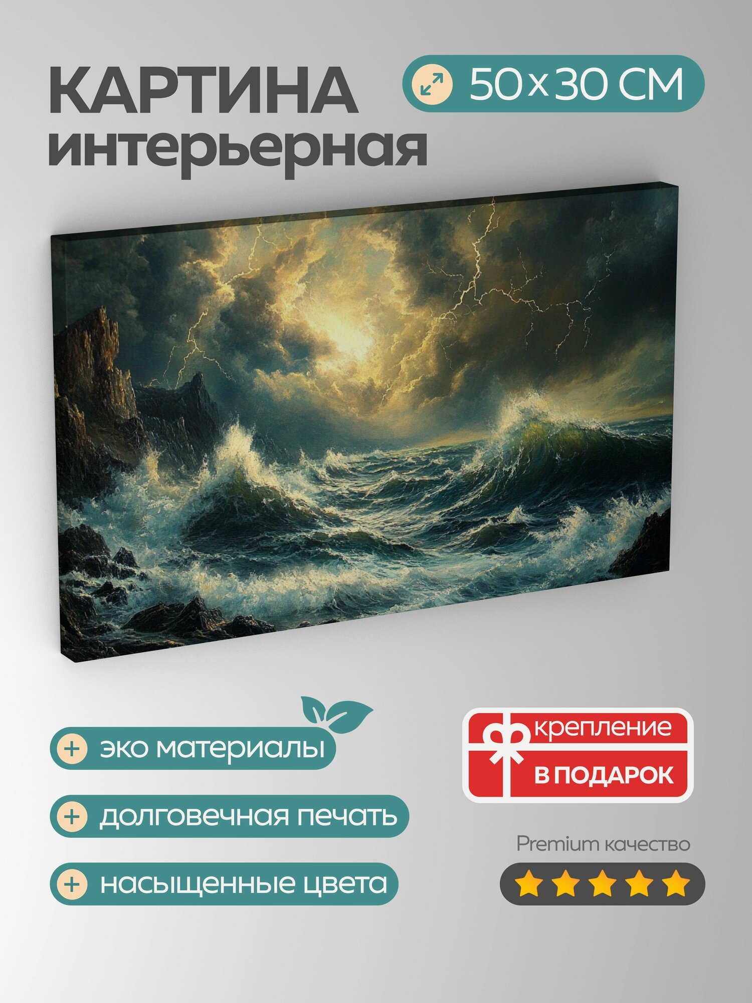 Картина на холсте интерьерная 50х30 см, шторм, море, волны, скалы, молния, облака, драматичность, красота, масло