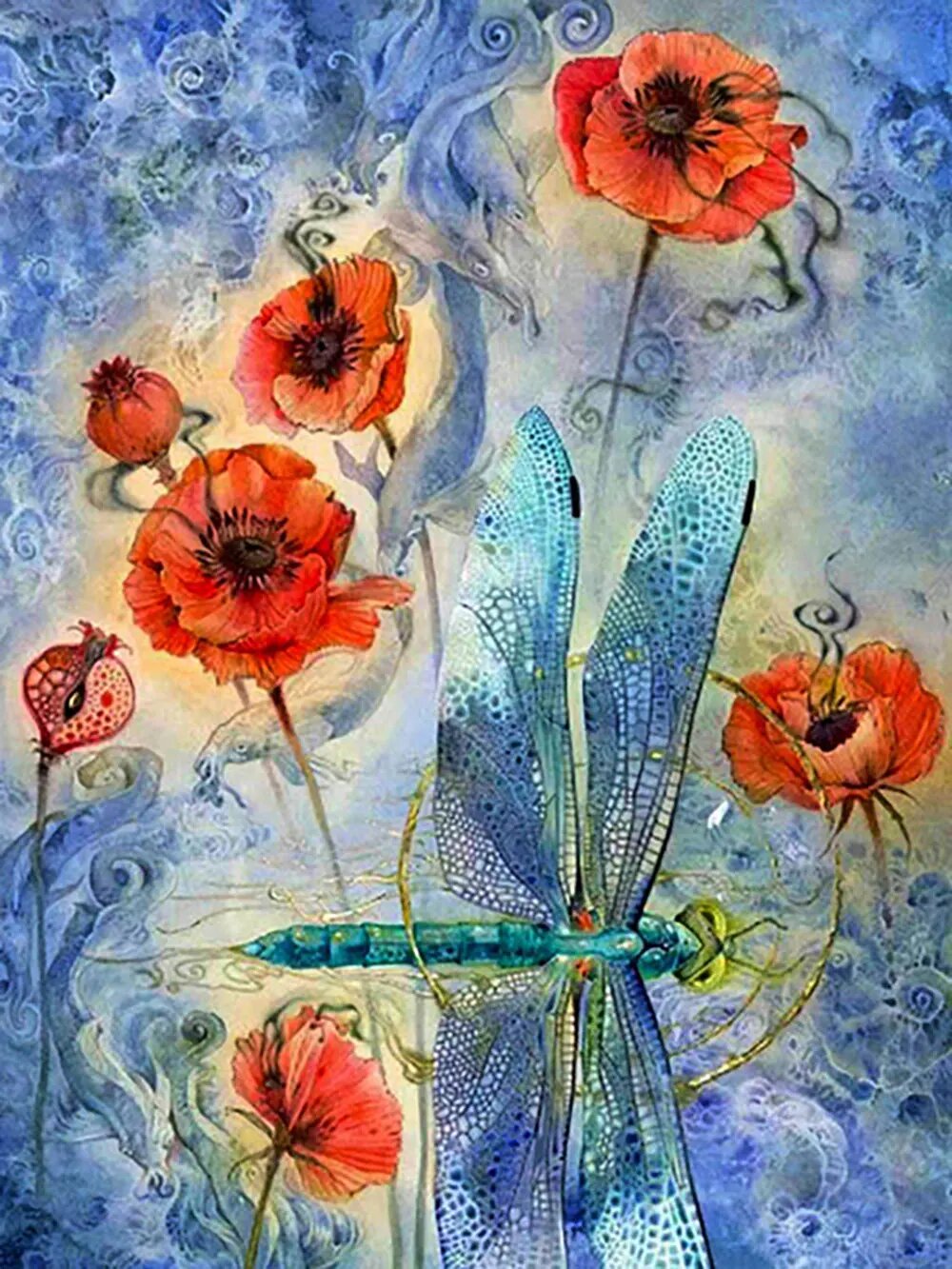 5D DIY Алмазная картина Стрекоза Цветок Полная круглая Алмазная мозаика Пейзаж Алмазная вышивка Комплект Стразы Украшение для дома