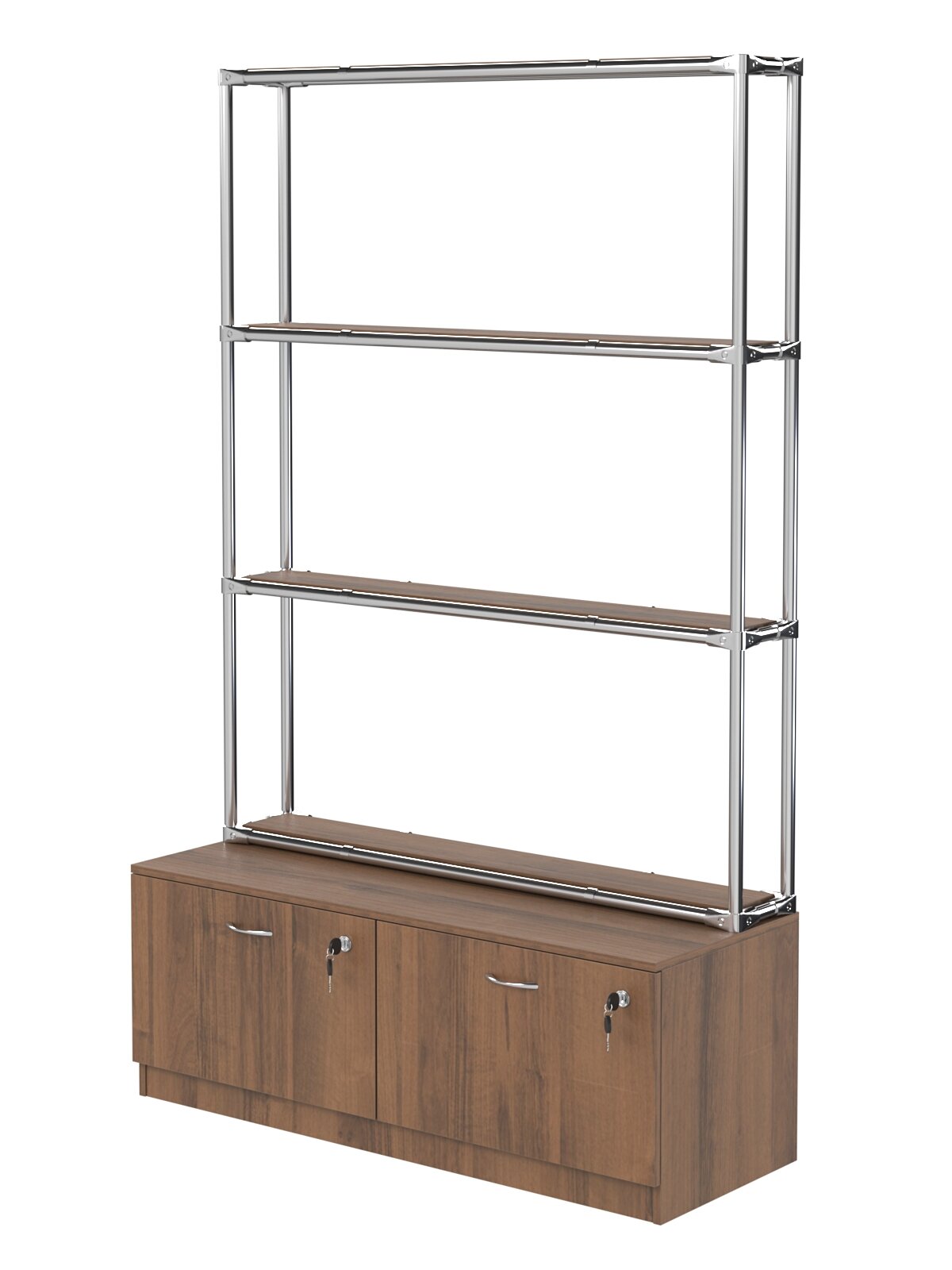 Хромированный стеллаж с полками ДСП 16мм №1 с тумбой Т-15, Орех