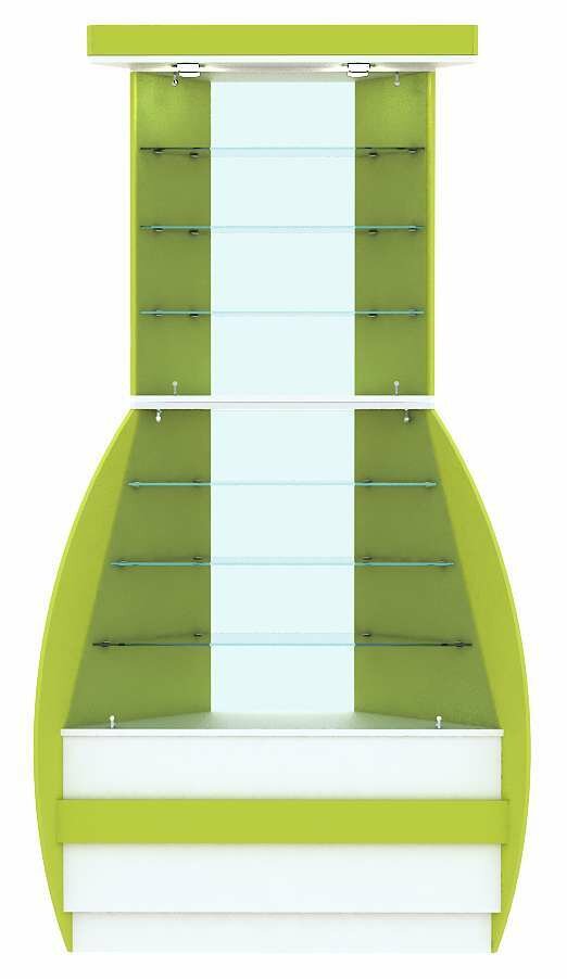 Аптечная витрина первой линии внешний угол с верхним фризом серии бриз - лайм №3-Ф