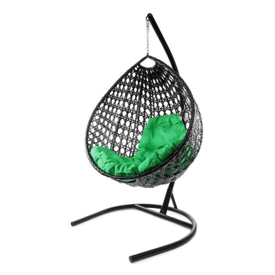 Подвесное кресло кокон M-group Капля с ротангом Люкс черное+зеленая подушка