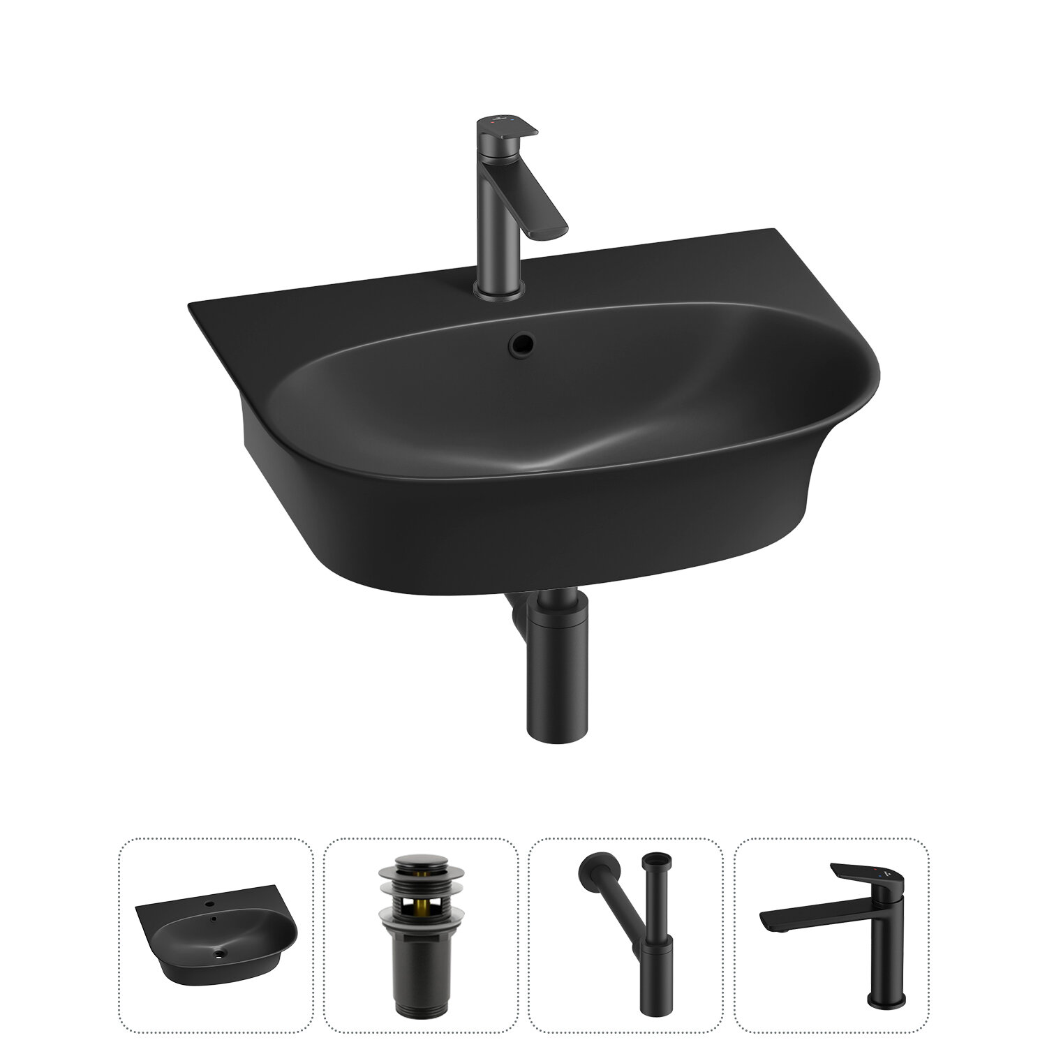 Подвесная или накладная раковина в ванную комнату Lavinia Boho Bathroom Sink 20216716R в наборе 4 в 1: раковина 55 см в цвете матовый черный, донный клапан, сифон, смеситель