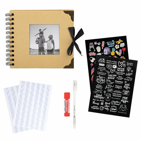 Фотоальбом 16х18 см, 20 черных листов, обложка крафт, уголки/стикеры/ручка/клей, BRAUBERG Black&Kraft, 880652