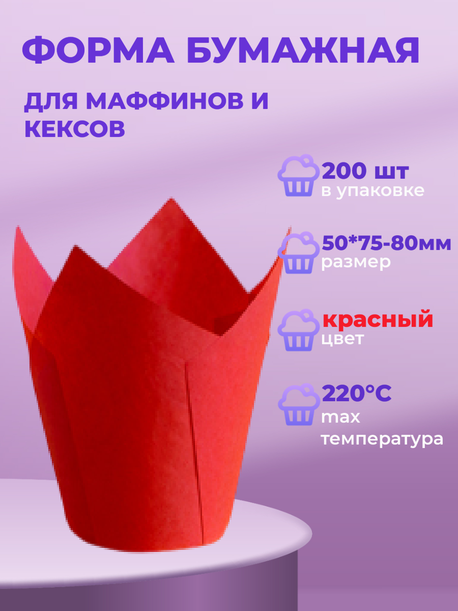 Форма для кексов "Тюльпан", одноразовая, бумага, красная, 200 штук