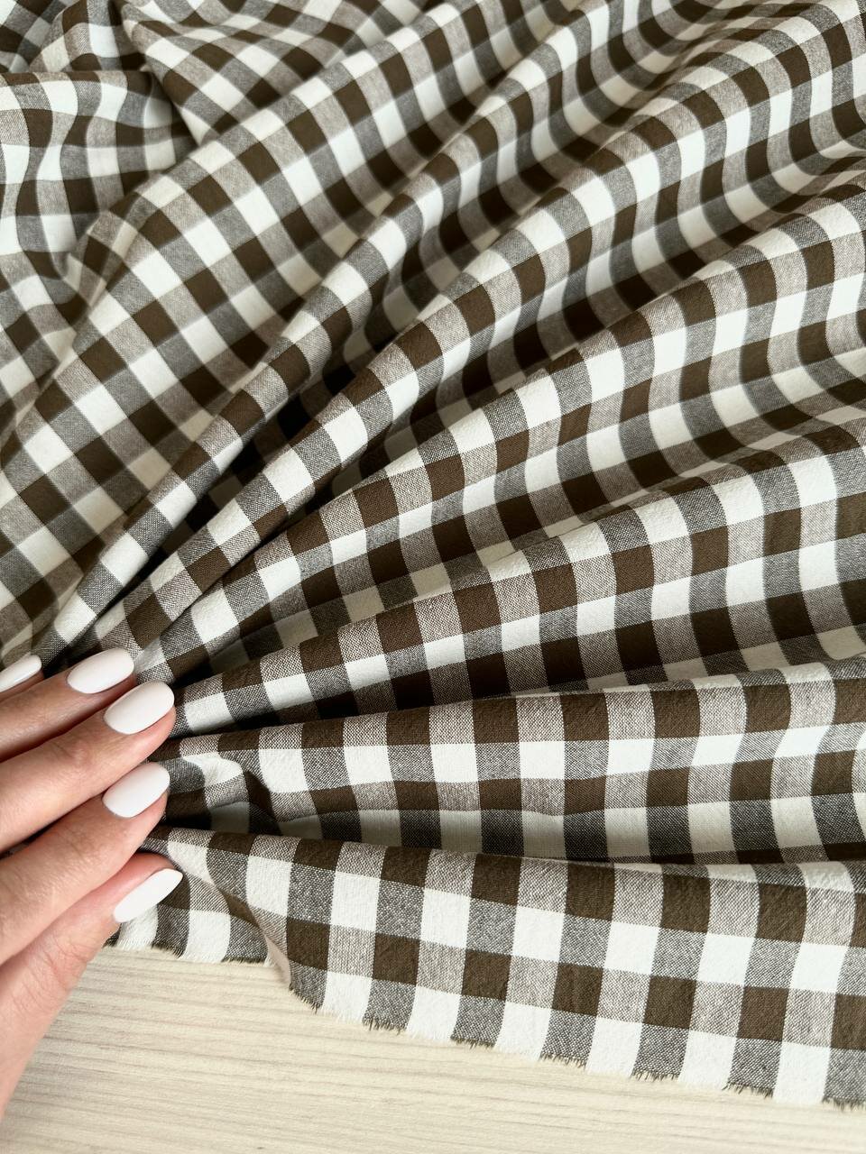 1,5м. Вареный (стираный) хлопок. Ткань для шитья. Ширина 250 см. Цвет оливково-зеленая клетка.