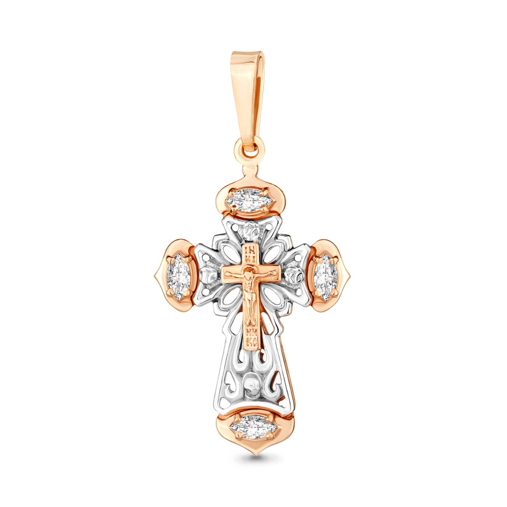 Крестик, красное золото, 585 проба, фианит