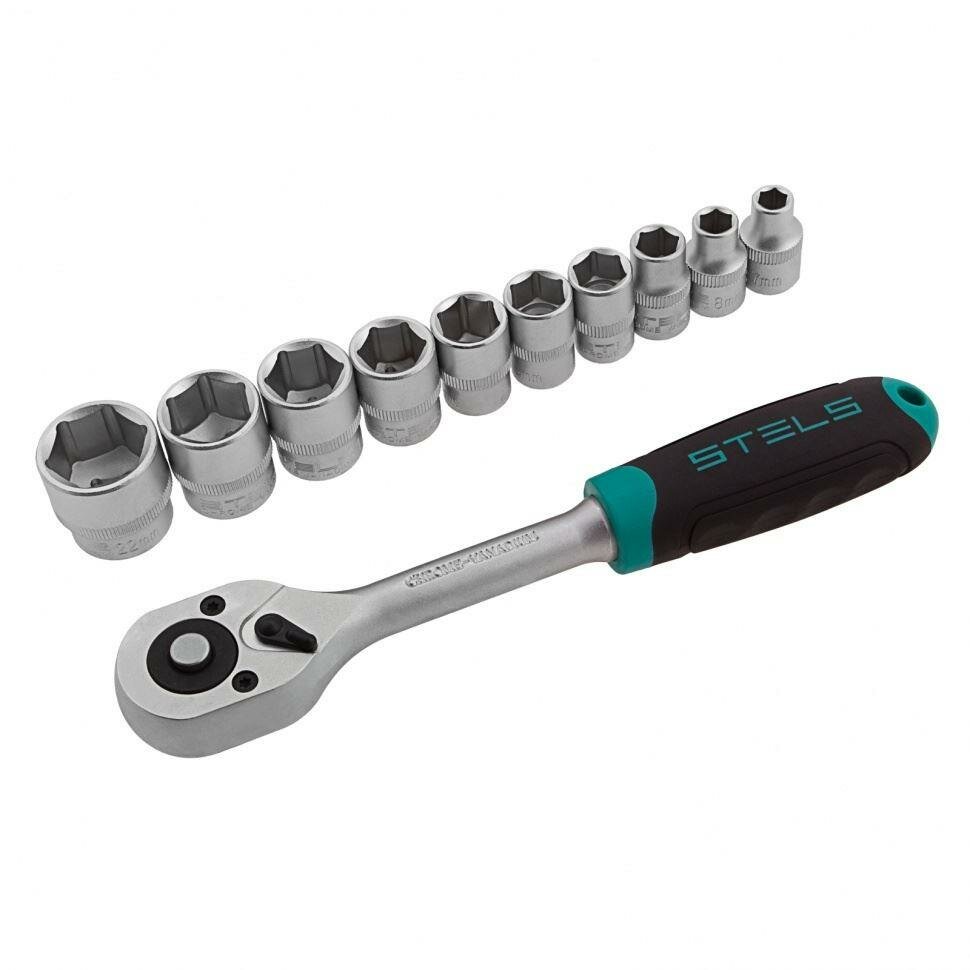 Набор инструментов Stels Набор торцевых головок, 3/8", головки 7 - 22 мм, с трещот. ключом, CrV,11 предметов 14126
