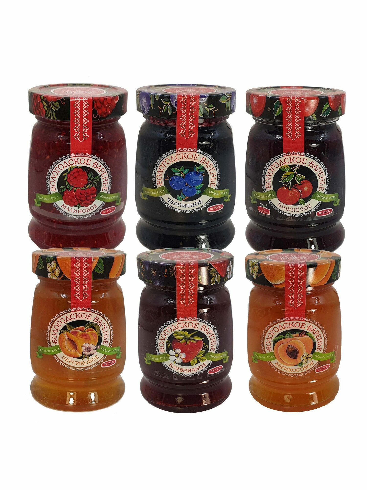 Варенье "Вологодское", набор (малина, клубника, абрикос, персик, черника, вишня) 6 баночек по 370г