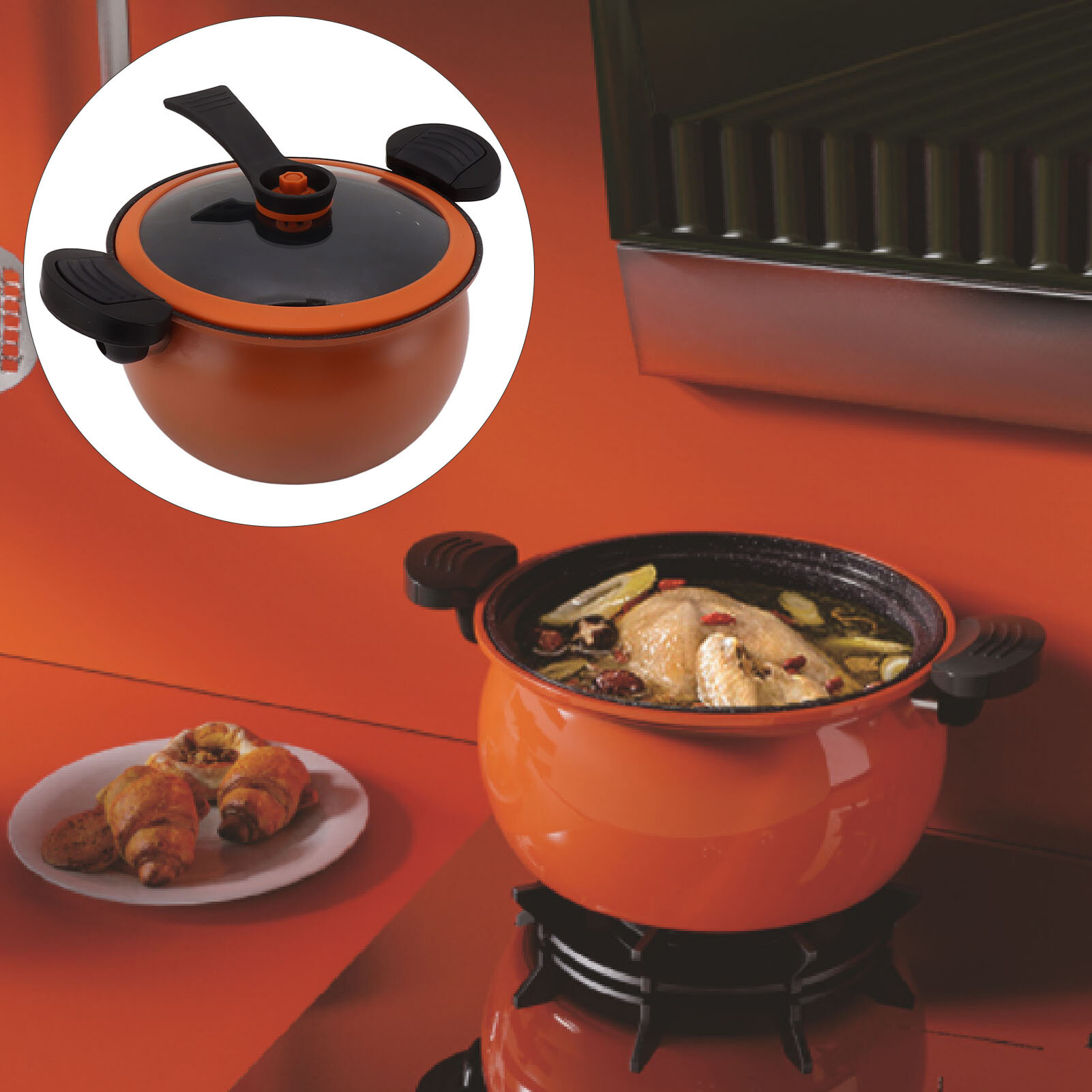 Микропресс-конTAINер для кухни, не прилипающий, многофункциональный, большой объем, домашний, оранжевый, 5 л, из тонкого железа, фенольного пластика, toughened glass, пшеничного камня, для индукционной плиты, газовой плиты, электрической плиты,