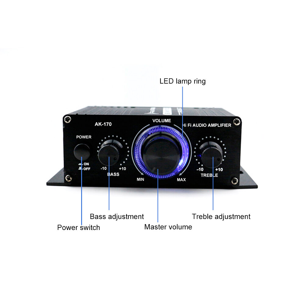 Усилитель звука AK170 12В, 20Вт+20Вт, с регуляторами тембра и громкости для авто и дома