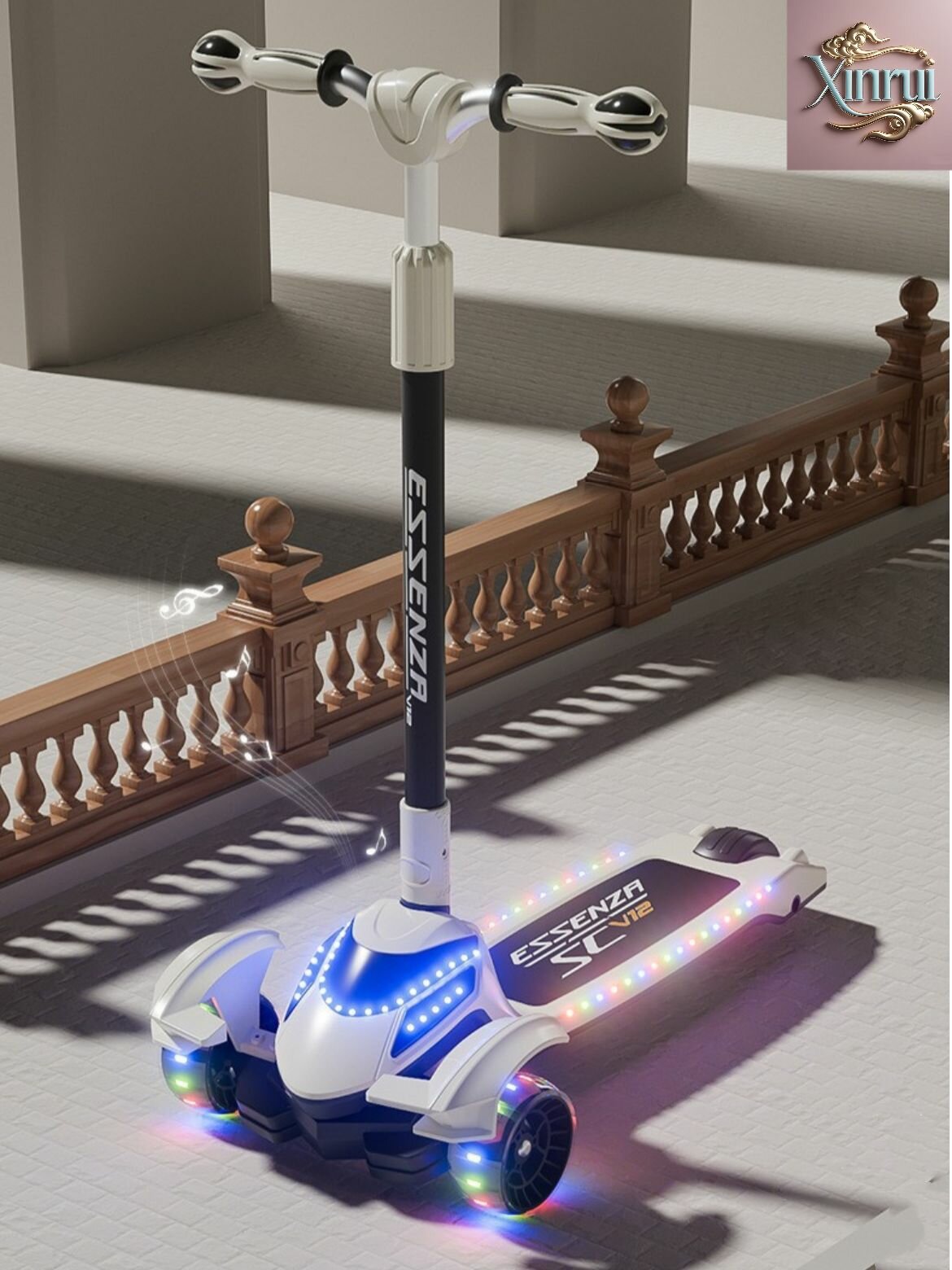 Детский самокат с музыкой и подсветкой, который можно складывать, поднимать и опускать, белый