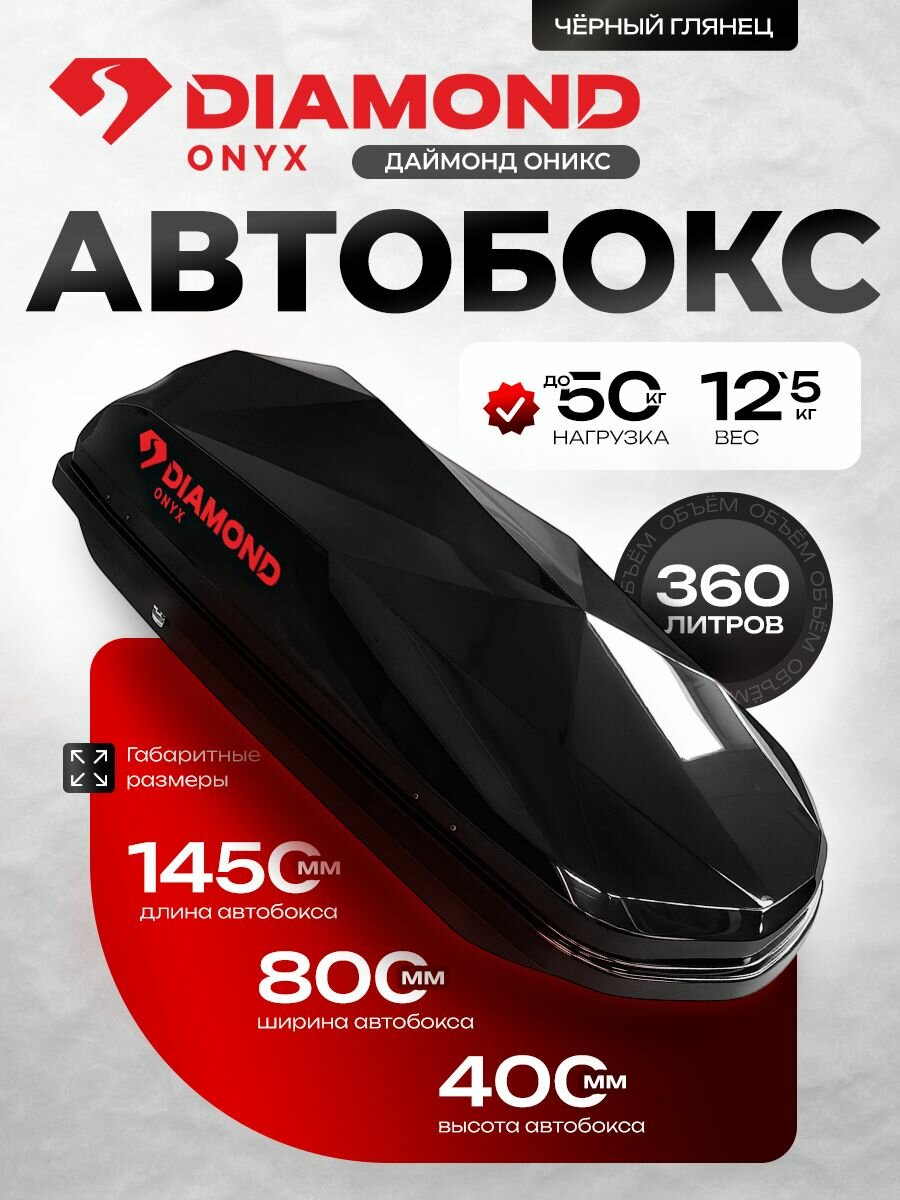 Автобокс DIAMOND ONYX двусторонний / усилители / крепления "краб" / 145 см / черный глянец