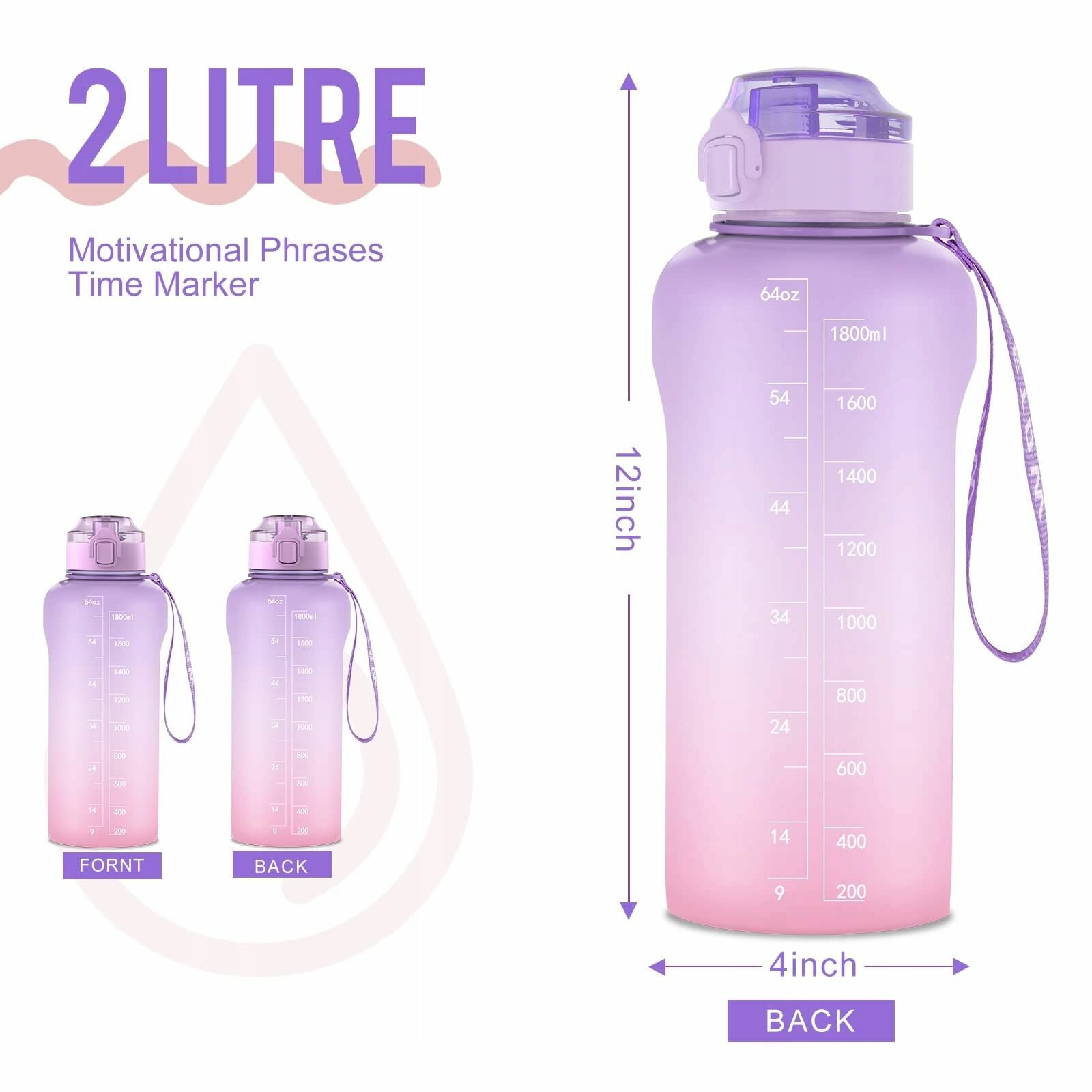 Спортивная бутылка 2л с маркировкой времени, объема и мотиваторами