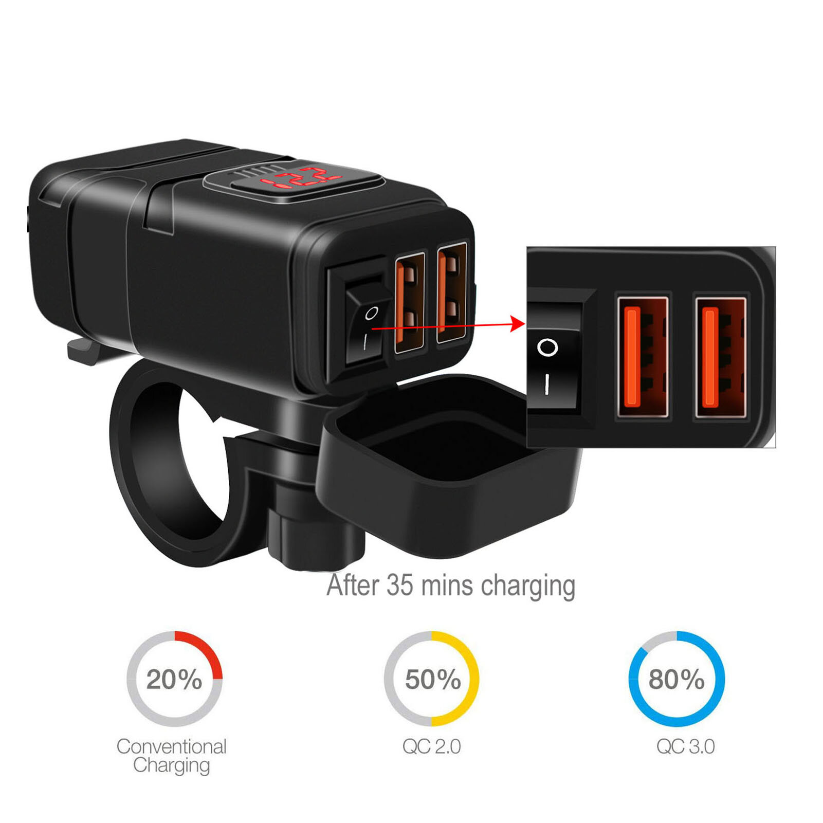 Мотоциклетное USB-зарядное устройство Super QC3.0 с двумя портами USB и вольтметром, переключатель вкл./выкл, замена для iPhone DC12V, автомобиль, мотоцикл, пляжный автомобиль, руль 7/8 дюймов