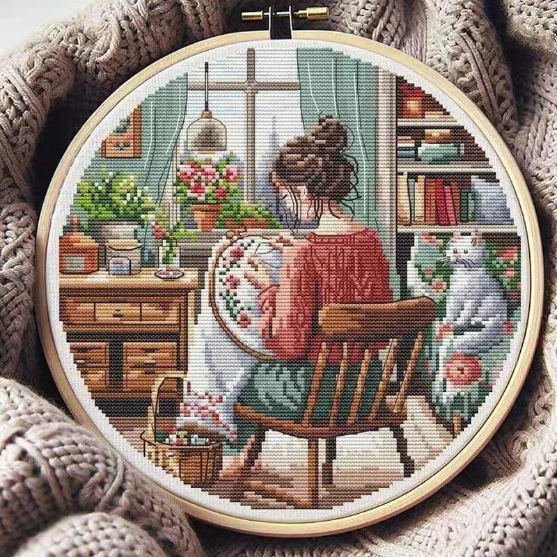 Набор для вышивки крестом Amishop, Зимняя девушка и лиса, D Embroidery Girl, 16CT Count Canvas
