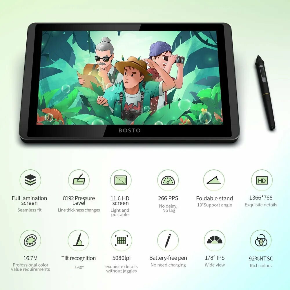 Графический планшет BOSTO 12HD-A 11.6 дюймов, монитор для рисования, H-IPS экран, 8192 уровня нажатия, безбатарейное перо, для дизайна и иллюстрации