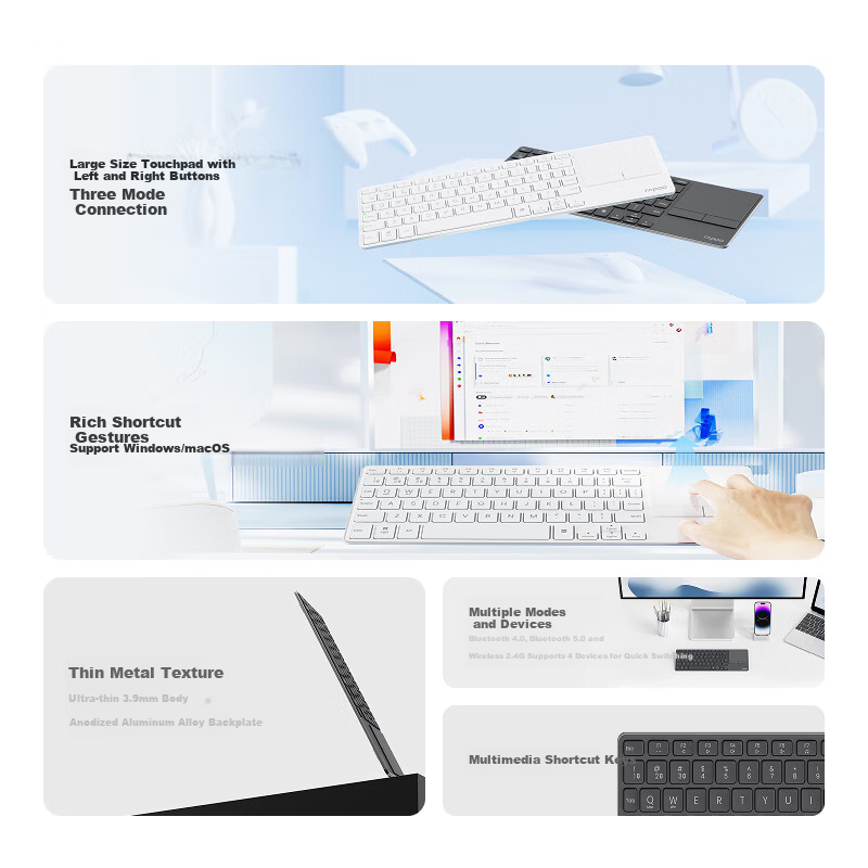 Rapoo E900T Touch Keyboard 73-Key Wireless/Bluetooth Multi-Mode Blade Ultra-Thin Office Keyboard Large Touchpad Multi-Shortcut Gesture Support Windows/macOS Dark Grey