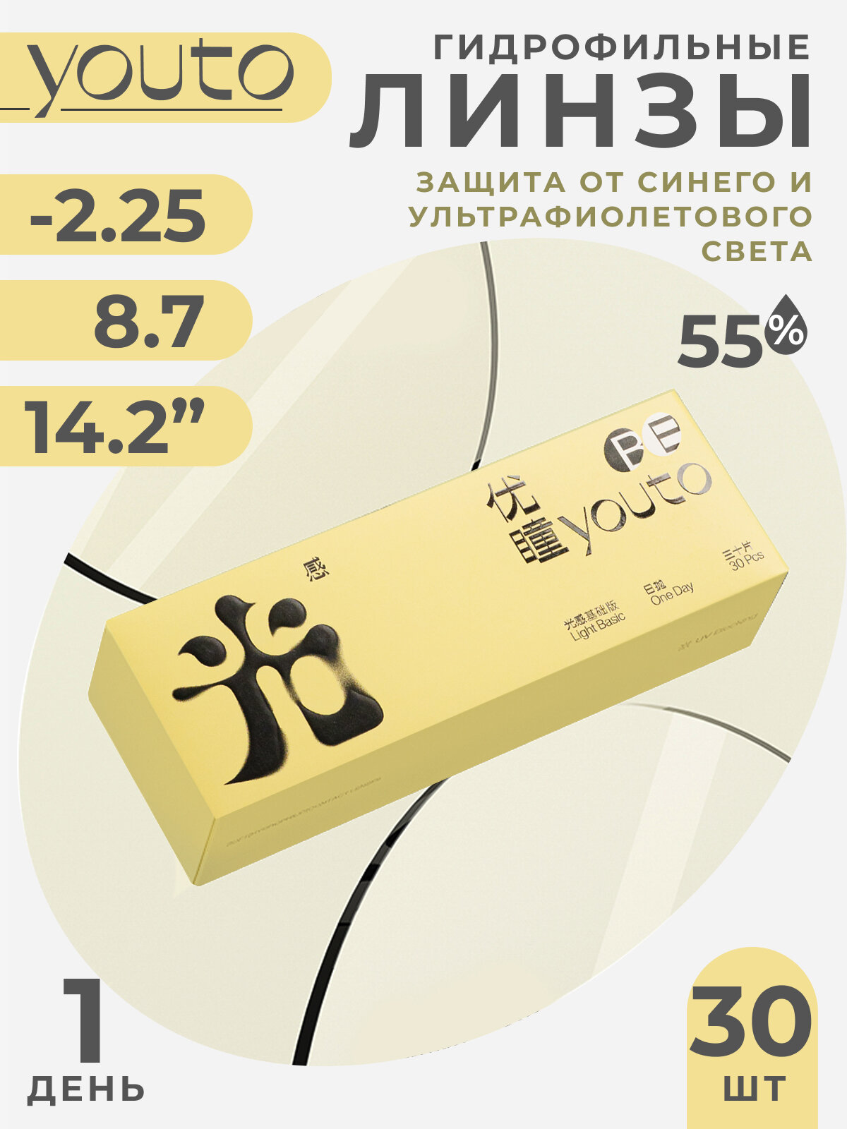 Контактные линзы YOUTO Light Basic, одноразовые, прозрачные, -2.25, 14.2, 30 шт.
