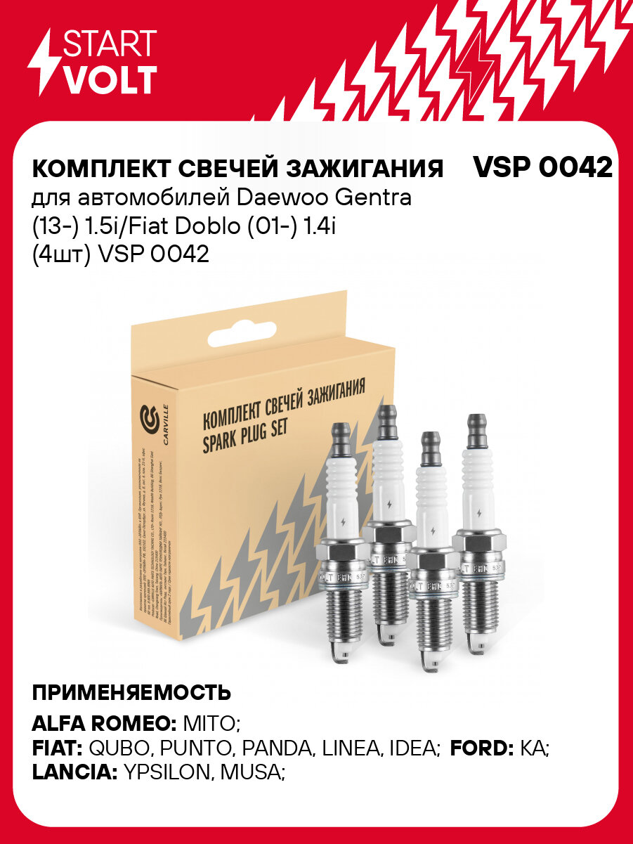 Комплект свечей зажигания для автомобилей Fiat Doblo (05-) 1.4i (01-) 1.4i (4шт) VSP 0042 StartVolt