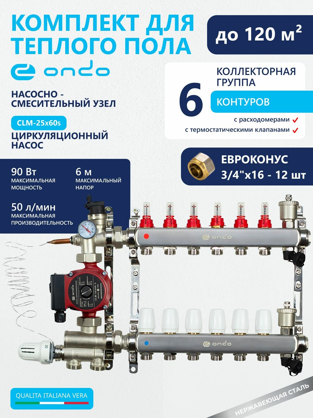 Коллектор для теплого пола 6 контуров, смесительный узел, с насосом , с расходомерам