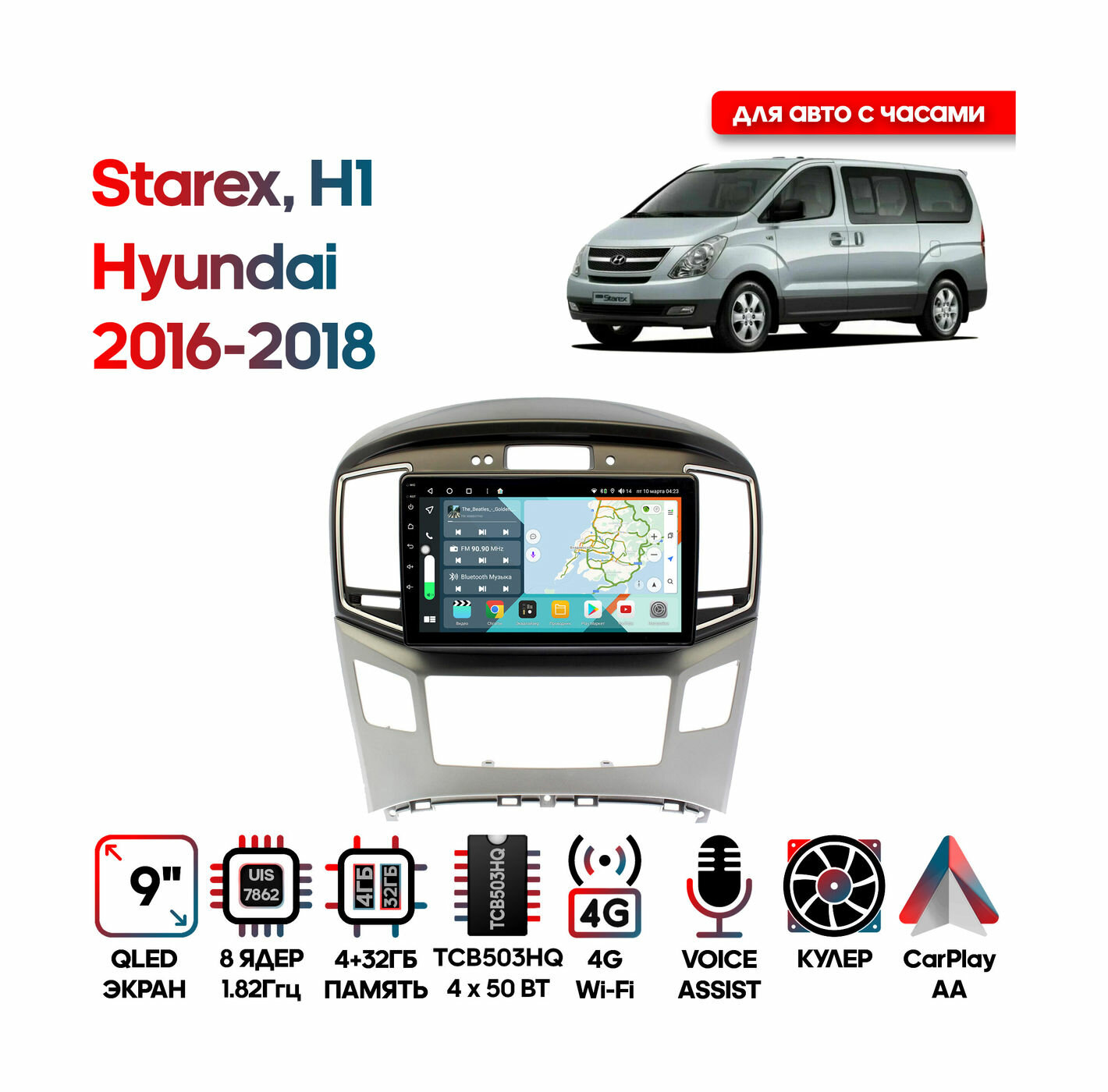Магнитола Hyundai Starex, H1 2016 - 2018 для авто с часами 9 дюймов, 4/64GB, 8 ядер, DSP, 4G, Android 10 / Wide Media