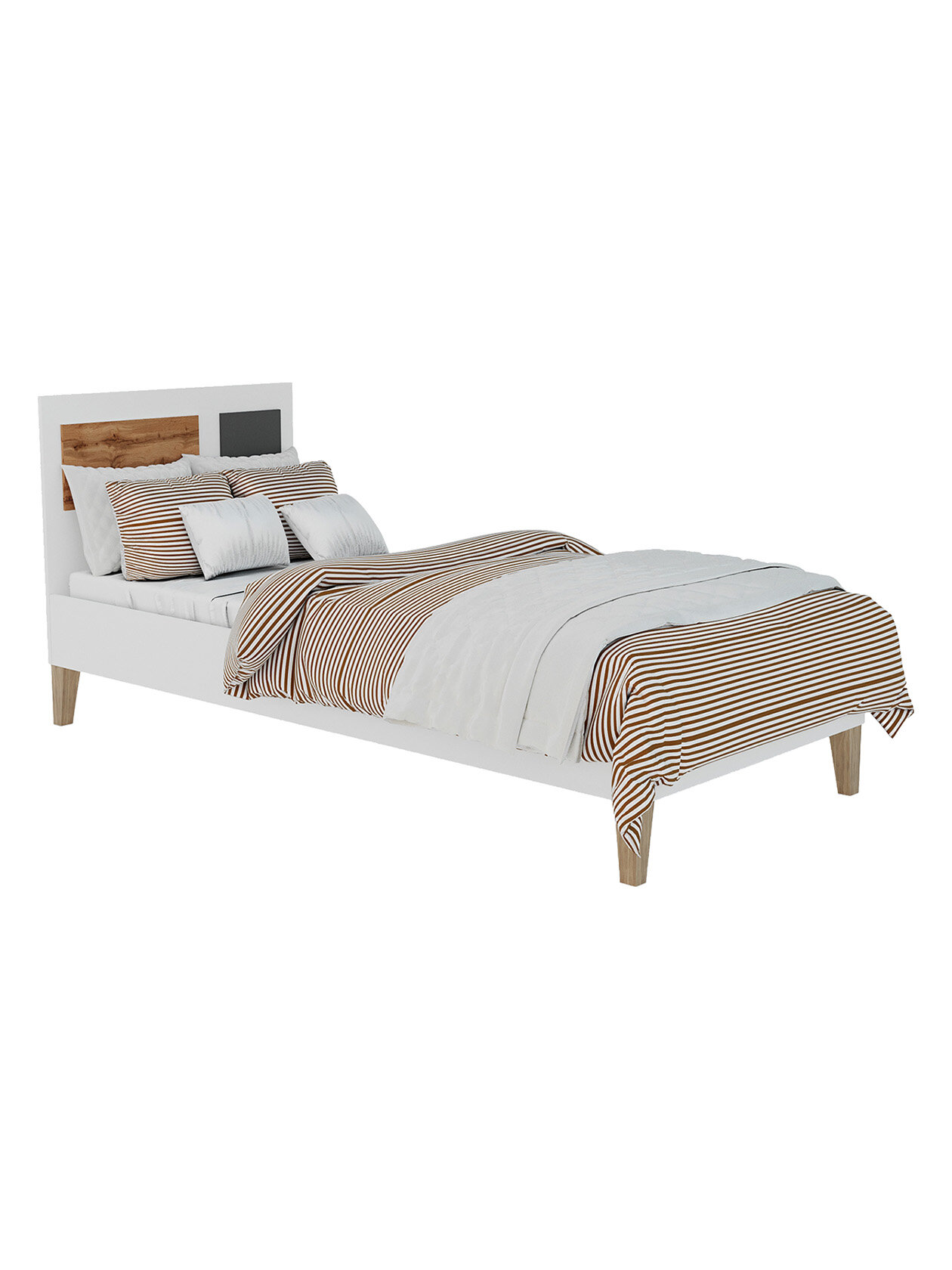 Детская односпальная кровать Стори, 90х200 см, деревянная, с основынием настил, на ножках, Белый шелк / Темно-серый / Дуб Вотан