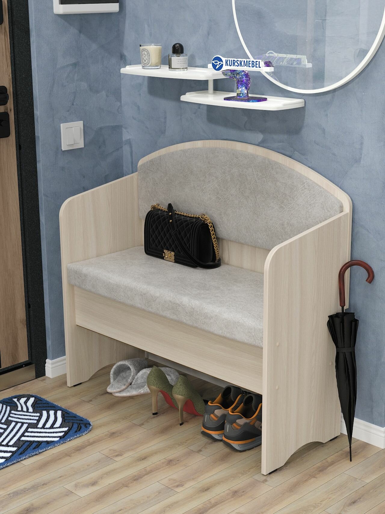 Обувница курскмебель №35, с сиденьем, ЛДСП, 90х85х36 см, ясень шимо светлый