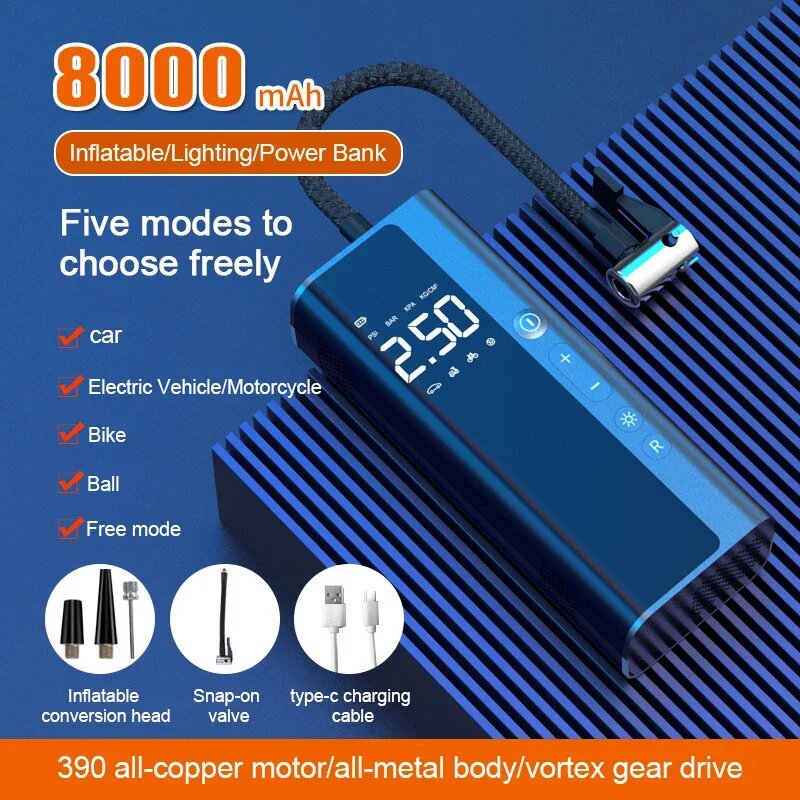 Беспроводной автомобильный воздушный компрессор, 8000 мАч, 150 фунтов на квадратный дюйм, аккумуляторная батарея, 60 Вт, электрический насос для накачивания шин для мотоцикла, велосипеда, шарики для шин, Top 8000 mAh