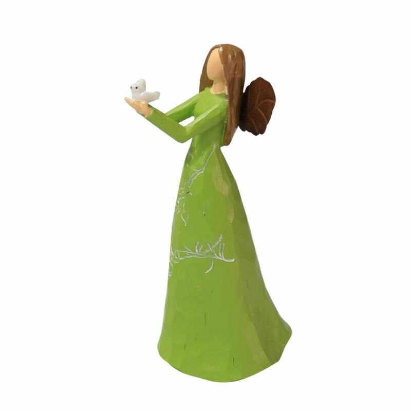 Украшение напольное интерьерное, Зеленый ангел-хранитель с горшком для цветов и голубью - фигурка ангела держит голубя