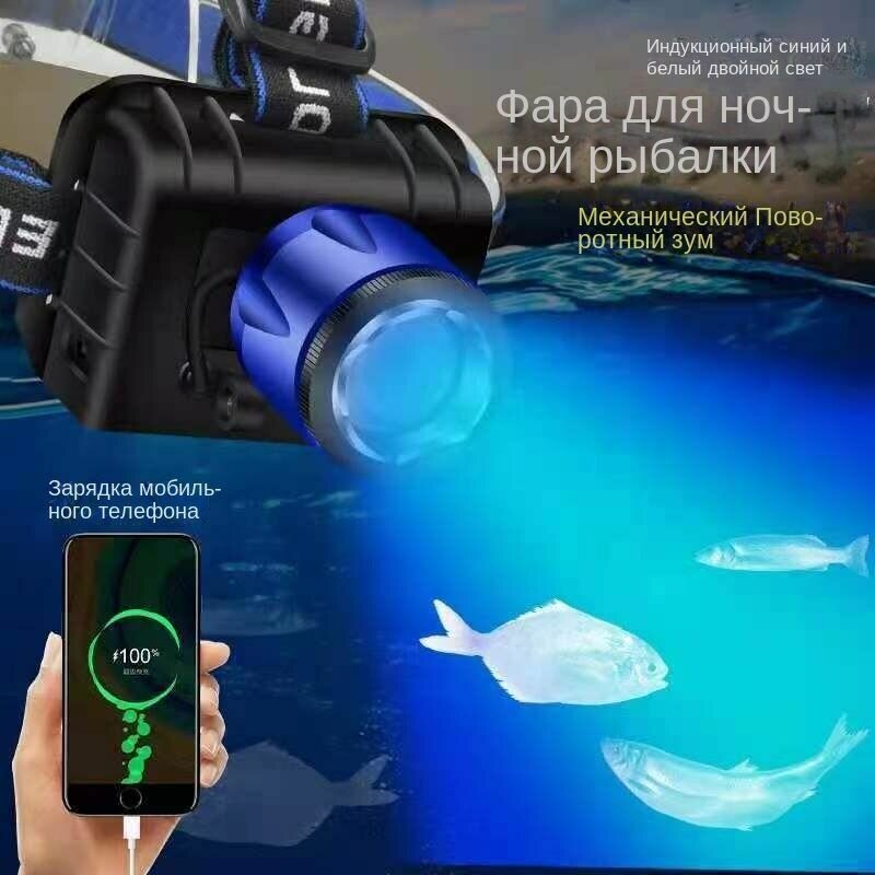 Светодиодный налобный фонарь со встроенным аккумулятором, белым и ультрафиолетовым светом для ловли скорпионов, с 2 аккумуляторами 18650!
