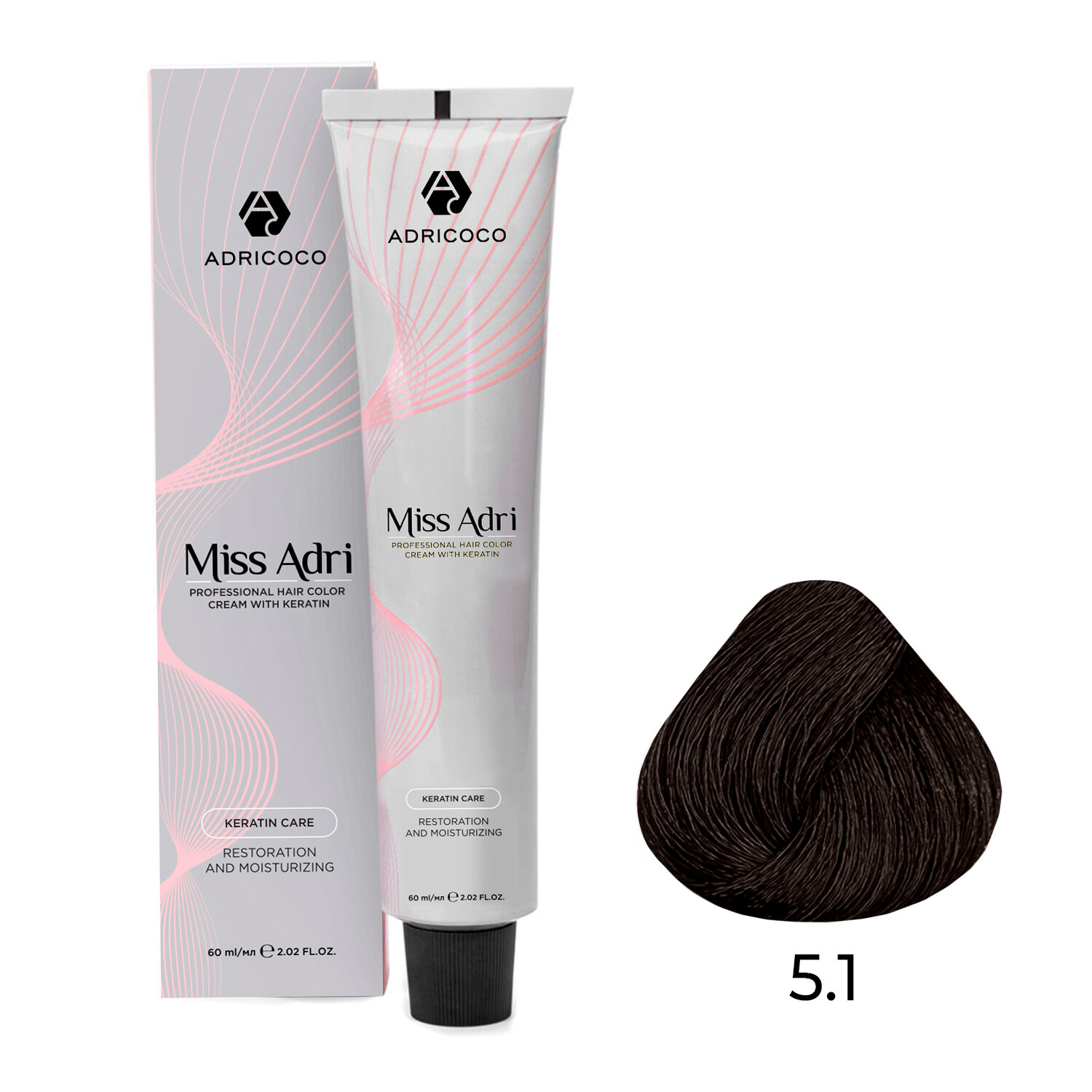 Крем-краска для волос Miss Adri с кератином, оттенок 5.1 Светлый коричневый пепельный, ADRICOCO, 60 мл