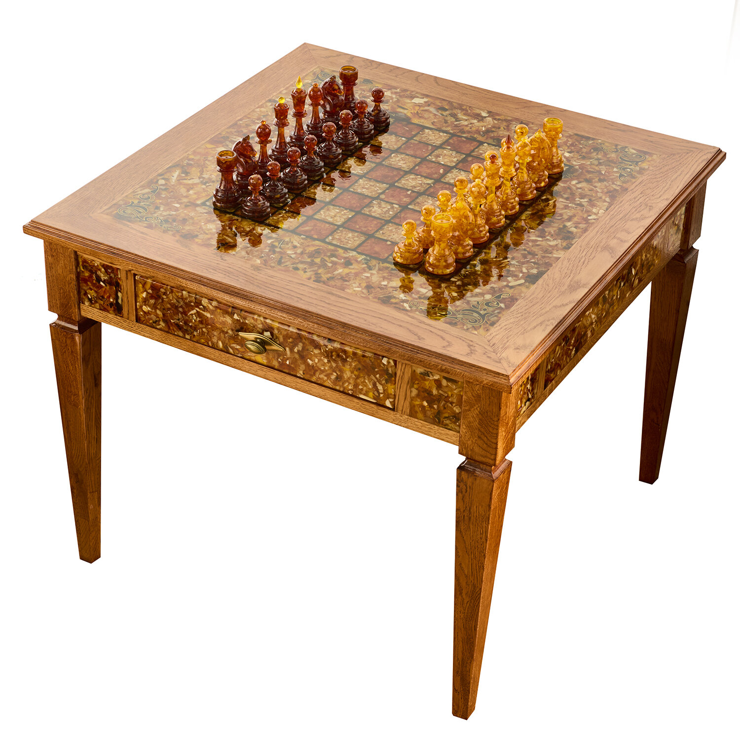 Шахматный стол с янтарными фигурами 80х80 см