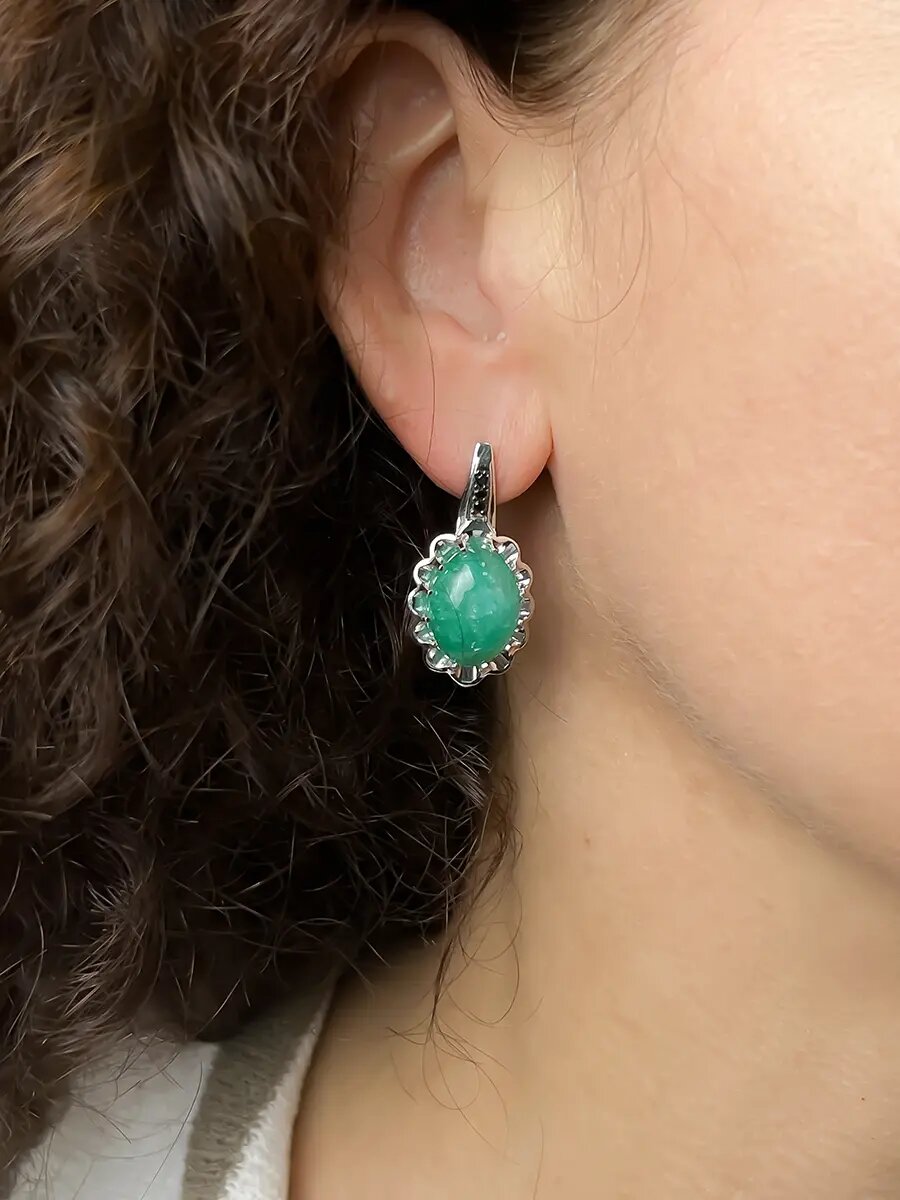 Серьги, серебро, 925 проба, родирование, изумруд, шпинель