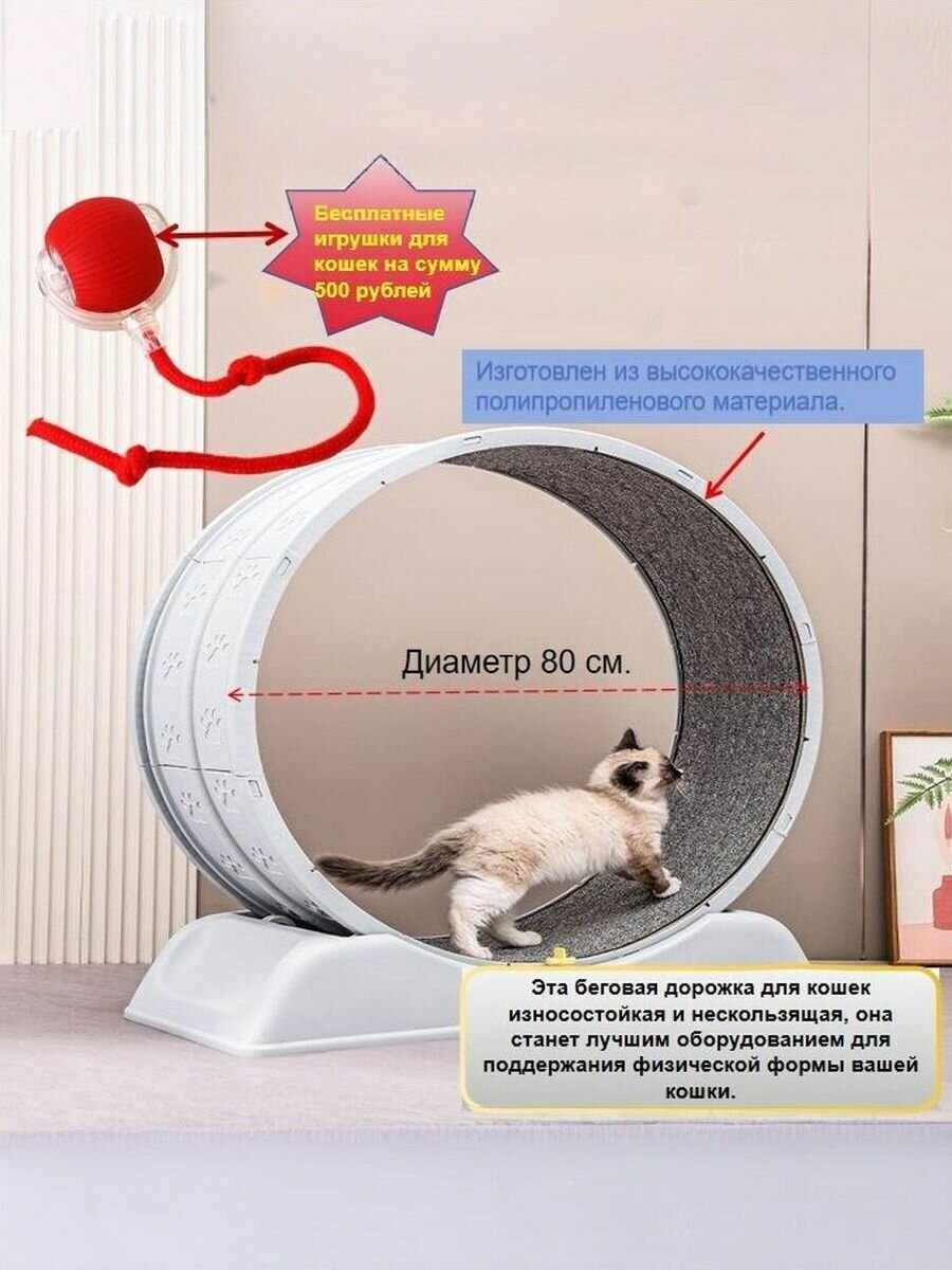 Беговая дорожка для кошек, 80 см, серая (с автоматическим кошачьим мячом, цена 500 руб.)
