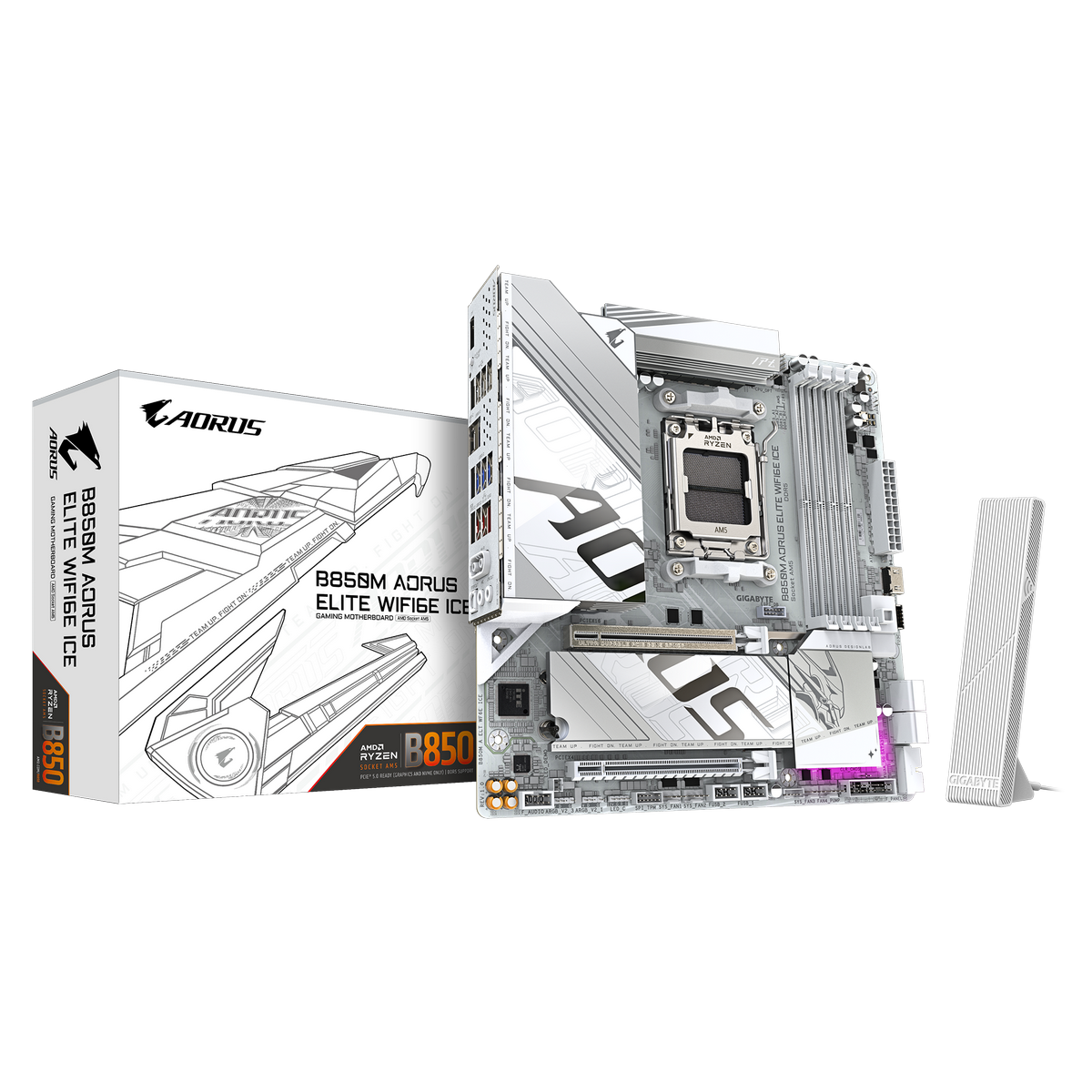 Материнская плата Gigabyte B850M AORUS ELITE WIFI6E ICE, уц-2 Socket AM5, AMD B850, 4xDDR5-5200, DP, 2xPCI-Ex16, 4xSATA3(RAID 0/1/10), 2xM.2, 8 Ch Audio, 1x2,5GLan, WiFi, (4+4)xUSB2.0, (7+2)xUSB3.2, (1+1)xUSB Type-C™, mATX, RTL