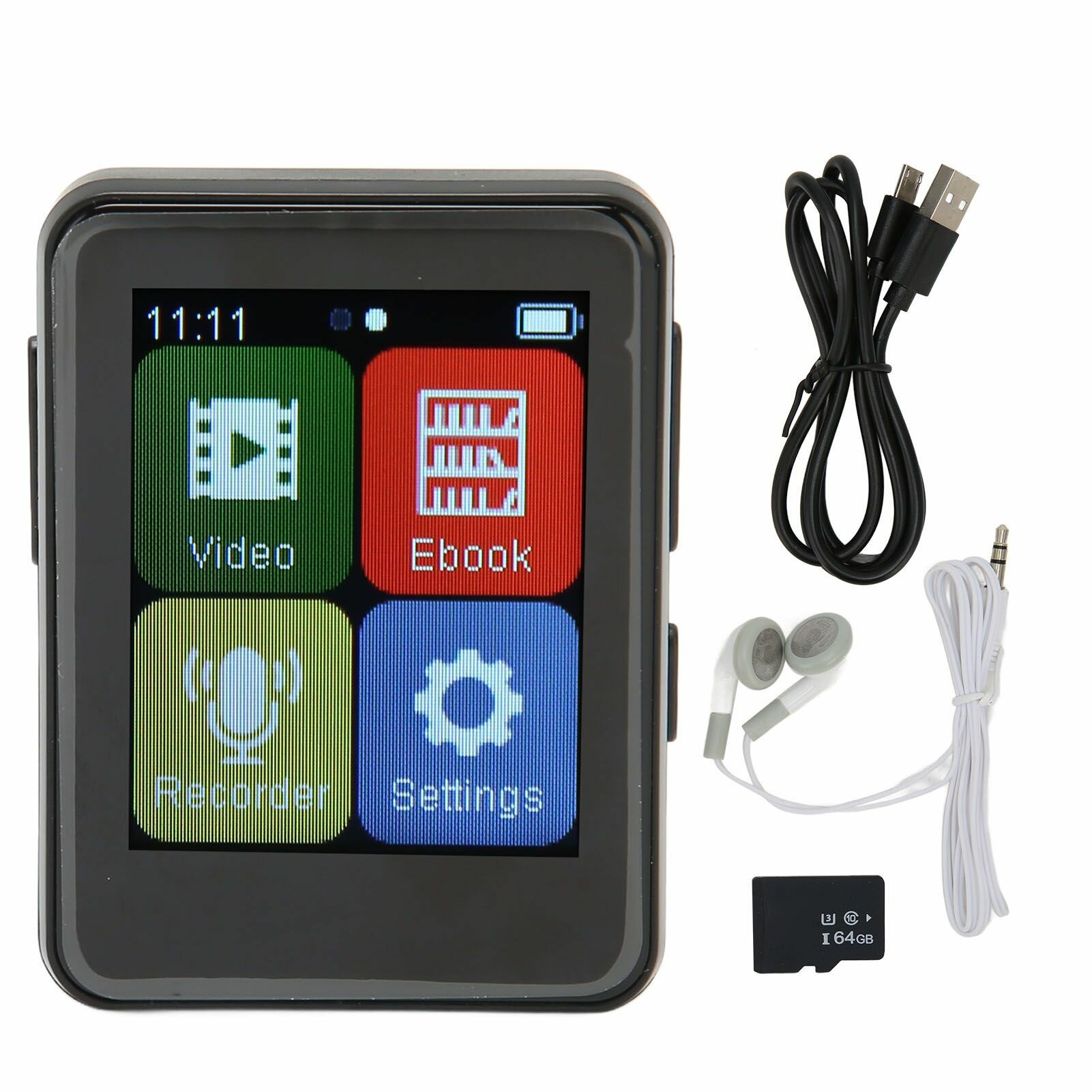 MP3-плеер 1.8", сенсорный, BT 5.0, HD, FM, с картой 64 ГБ, черный