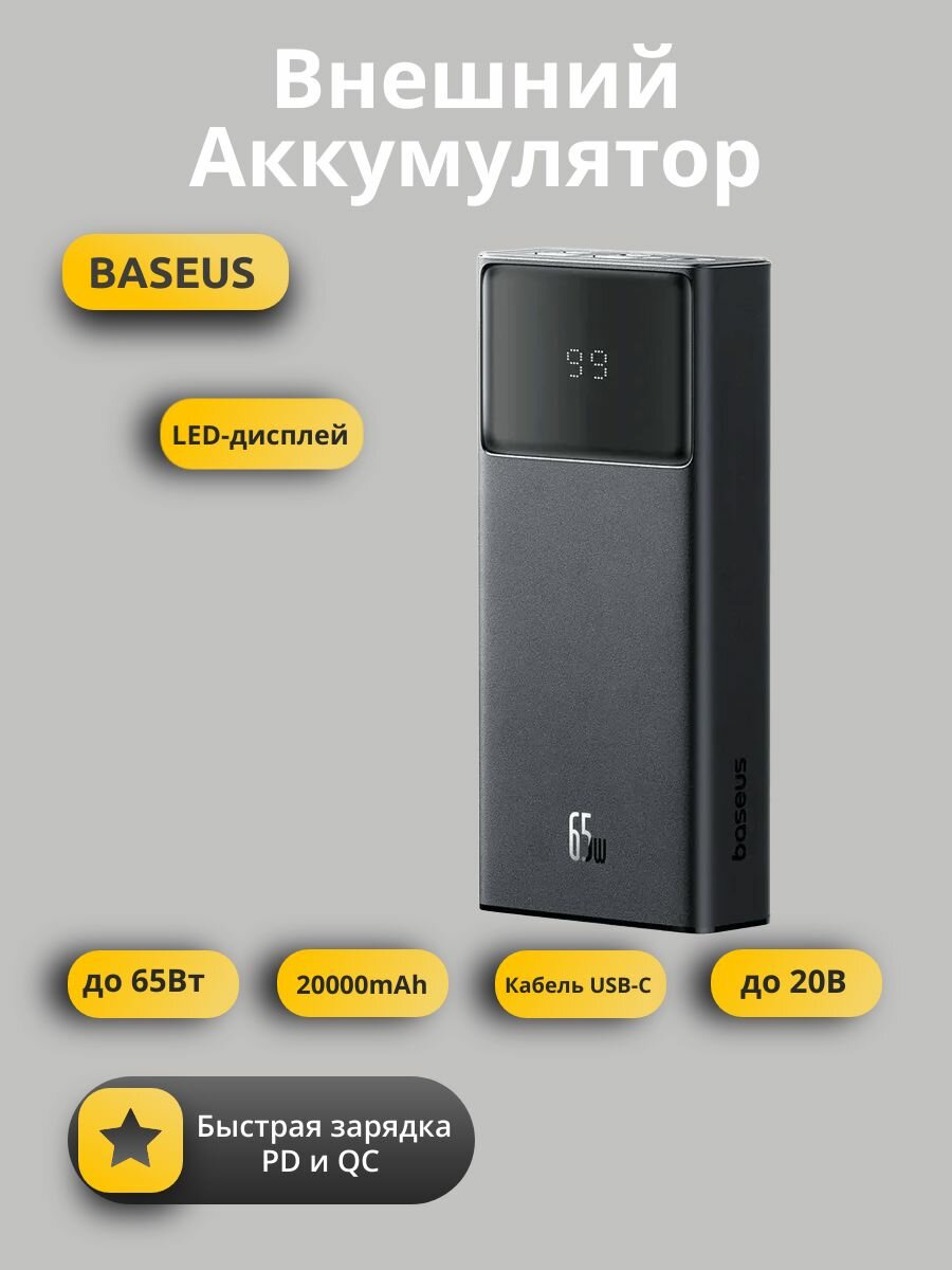 Внешний аккумулятор Baseus Star-Lord Digital Display Power Bank 20000mAh 65W (P10022906113-00), черный/ повербанк