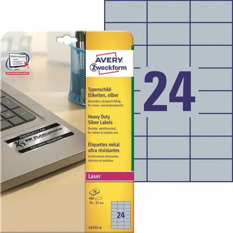 Этикетки самоклеящиеся серебристые, L6133-20, 70х37 мм, L, 480 шт/20 л, 1256681