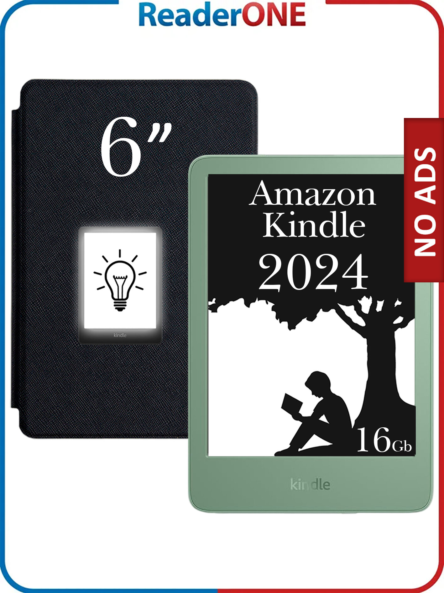 Электронная книга Amazon Kindle 11, 6 дюймов, 2024, 16 Гб, без рекламы, зеленая (Matcha), с обложкой ReaderONE Black