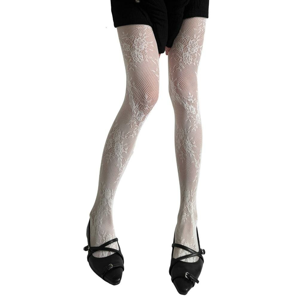 Носки, Эстетичные колготки в сеточку, Ретро кружевные прозрачные колготки с цветочным рисунком, чулки-леггинсы