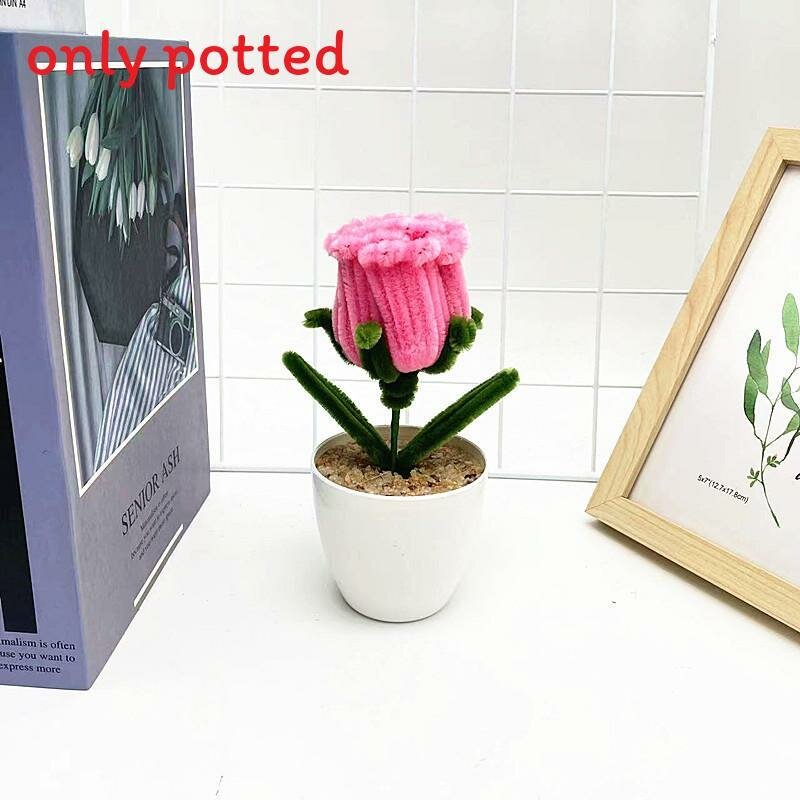 Мультиколорный плюшевый изогнутый стержень роза с горшком декоративное украшение для стола и гостиной розовый